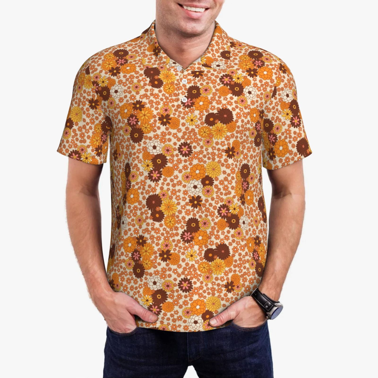 Daiia Hippie Ditsy Floral Pattern Men’s Polo Shirts,Solid Deck Shirt ...