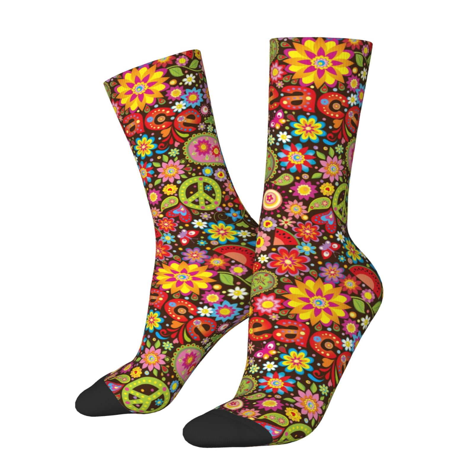 Daiia Hippie Peace Love Print Crew Socks – Soft Breathable Long Socks for Men & Women, Moisture ...