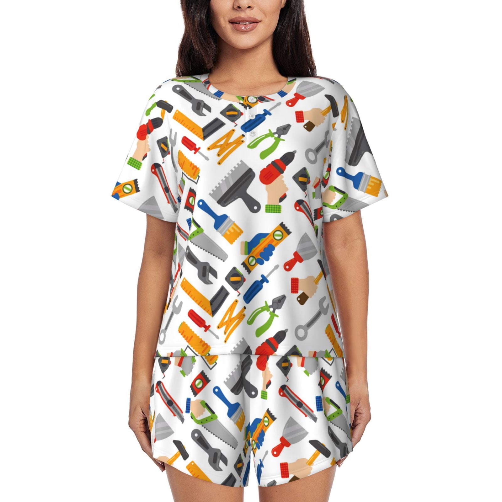 Daiia Home construction tools Pattern Womens Pajama Sets Short Sleeve ...