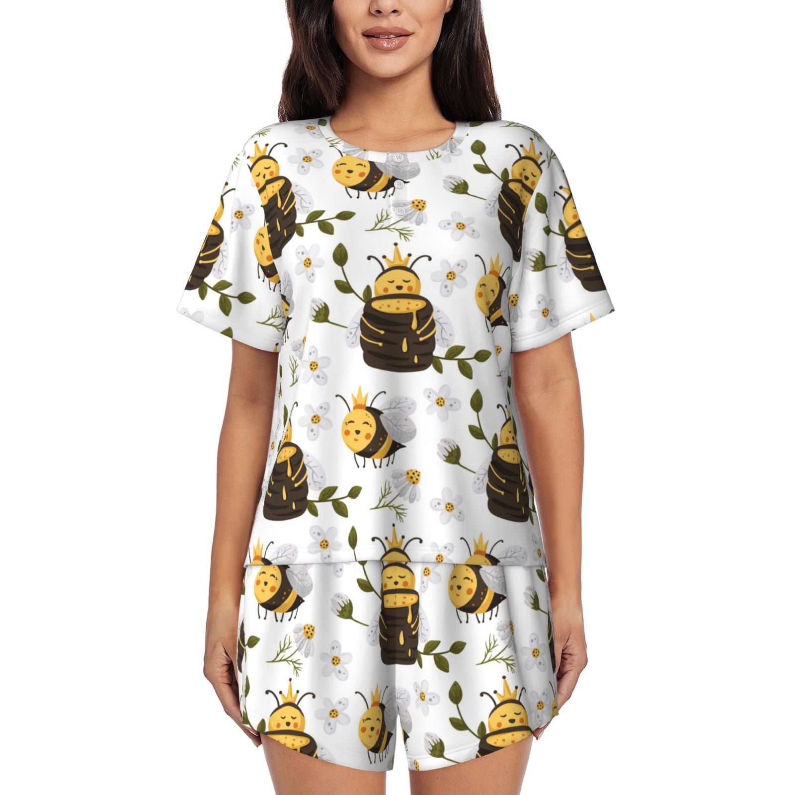 Daiia Honey Bee Insect Pattern Womens Pajama Sets Short Sleeve Pajamas ...
