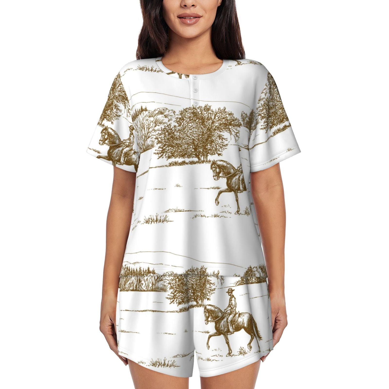 Daiia Horse Rider In Field Pattern Womens Pajama Sets Short Sleeve ...