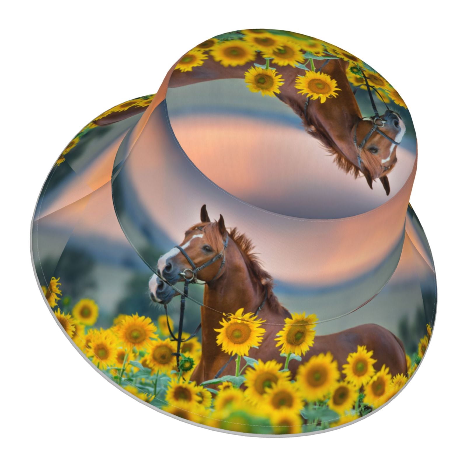 Daiia Horse Sunflowers Pattern Bucket Hat - Trendy Cotton Sun Hat for ...