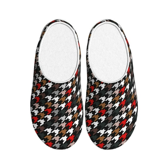 Daiia Houndstooth Green Red Print Women’s Fuzzy Slippers Memory Foam ...