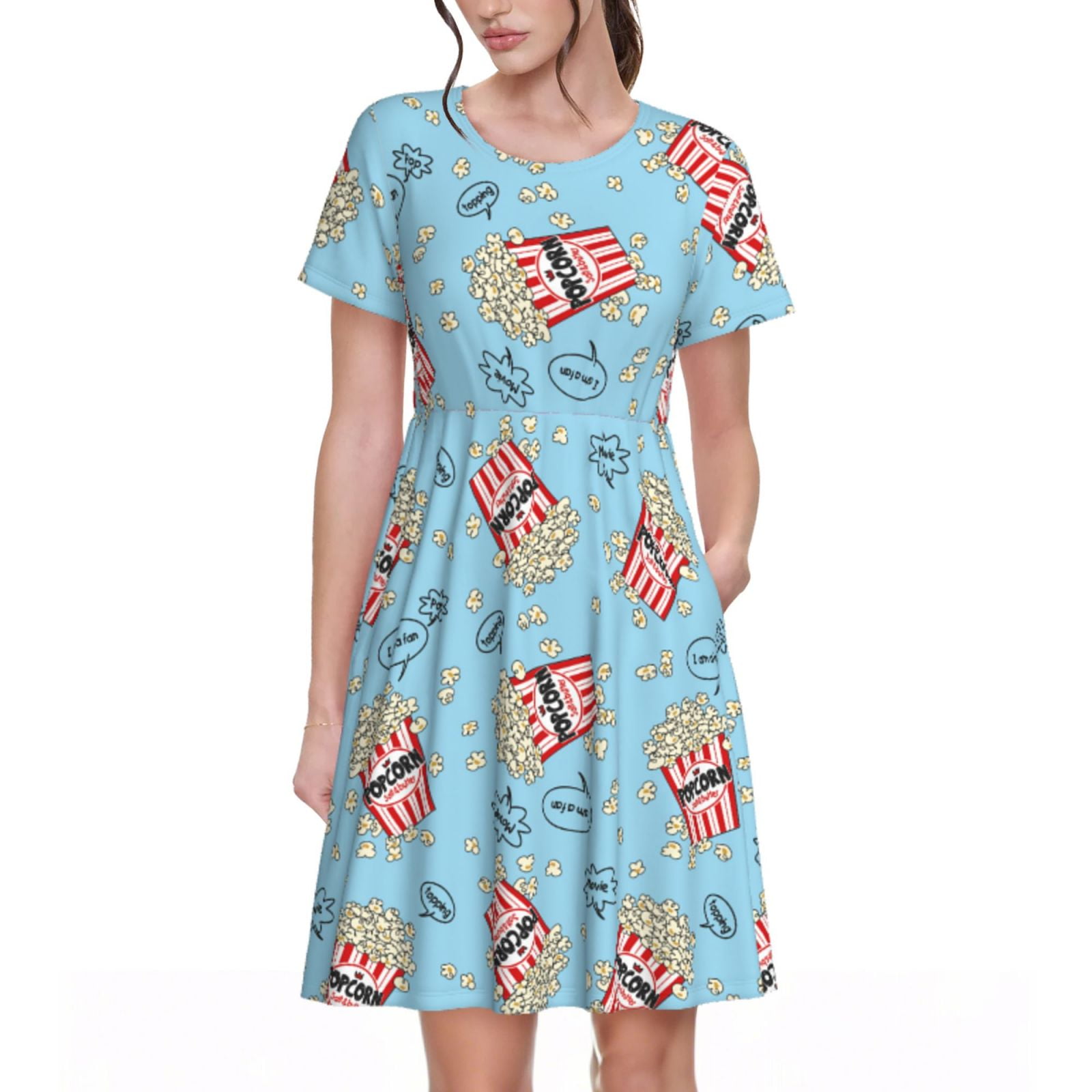 Daiia I Am A Fan Popcorn Print Women's Dresses 2025 Trendy Short sleeve ...