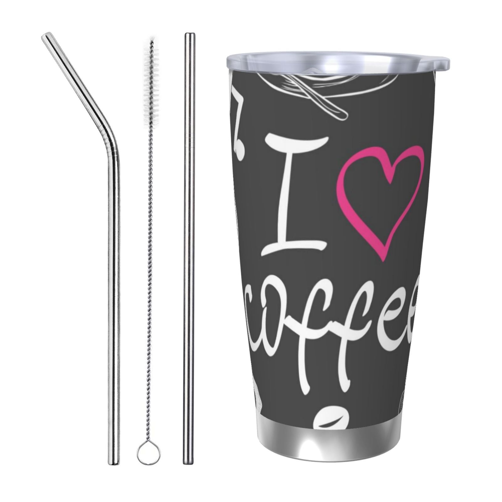 Daiia I Love Coffee Printed 20oz Insulated Coffee Cup with Straw Topper ...