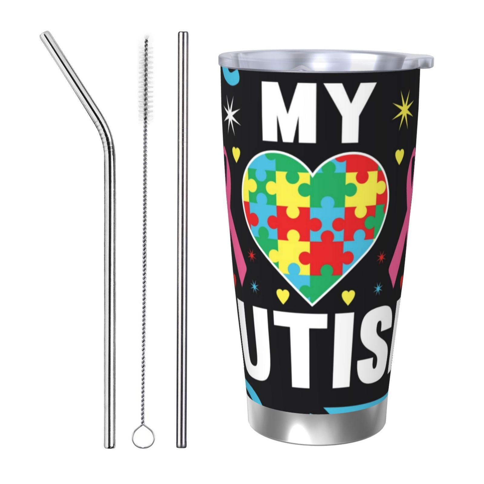 Daiia I Love My Autism Printed 20oz Insulated Coffee Cup with Straw ...