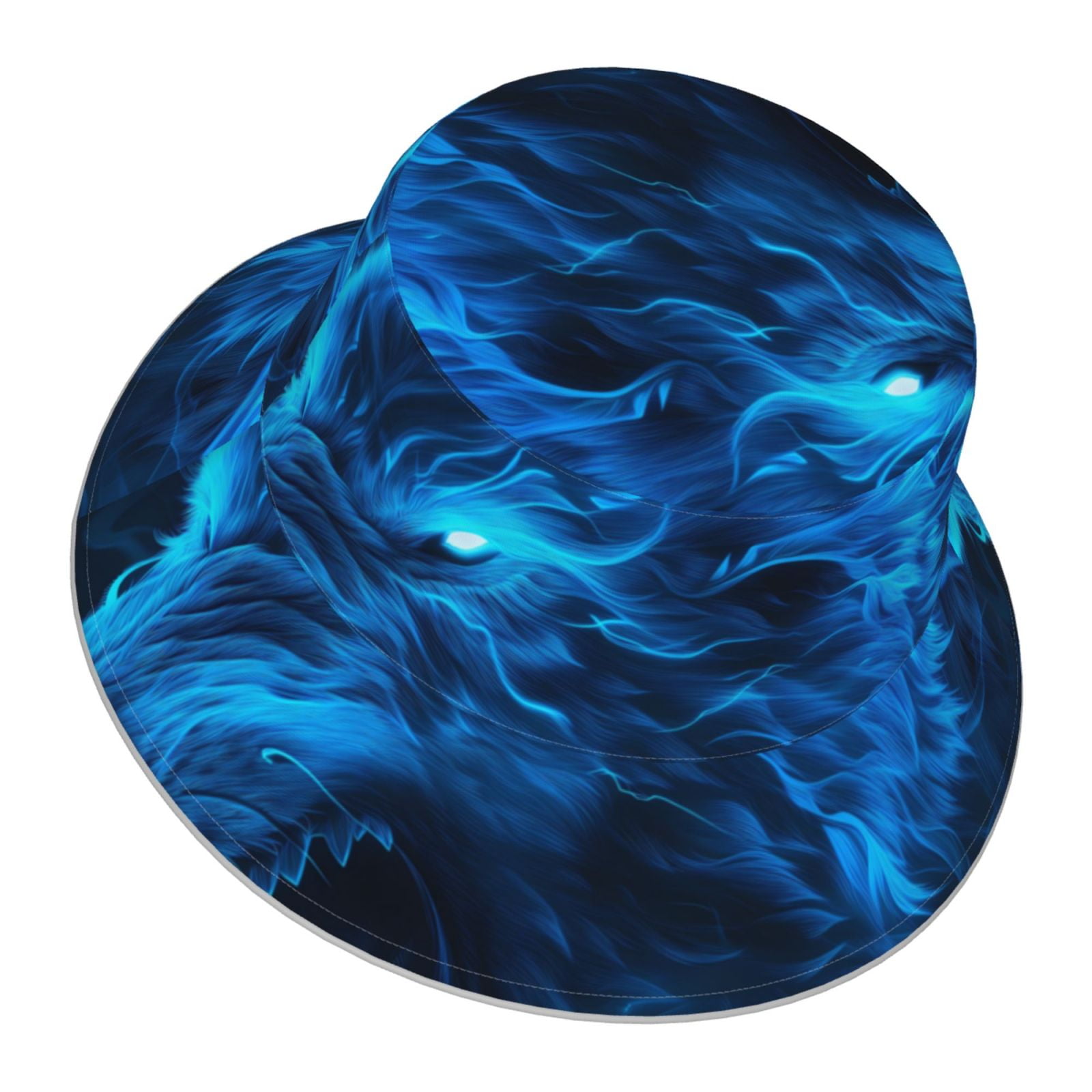 Daiia Ice Blue Fire Wolf Pattern Bucket Hat - Trendy Cotton Sun Hat for ...