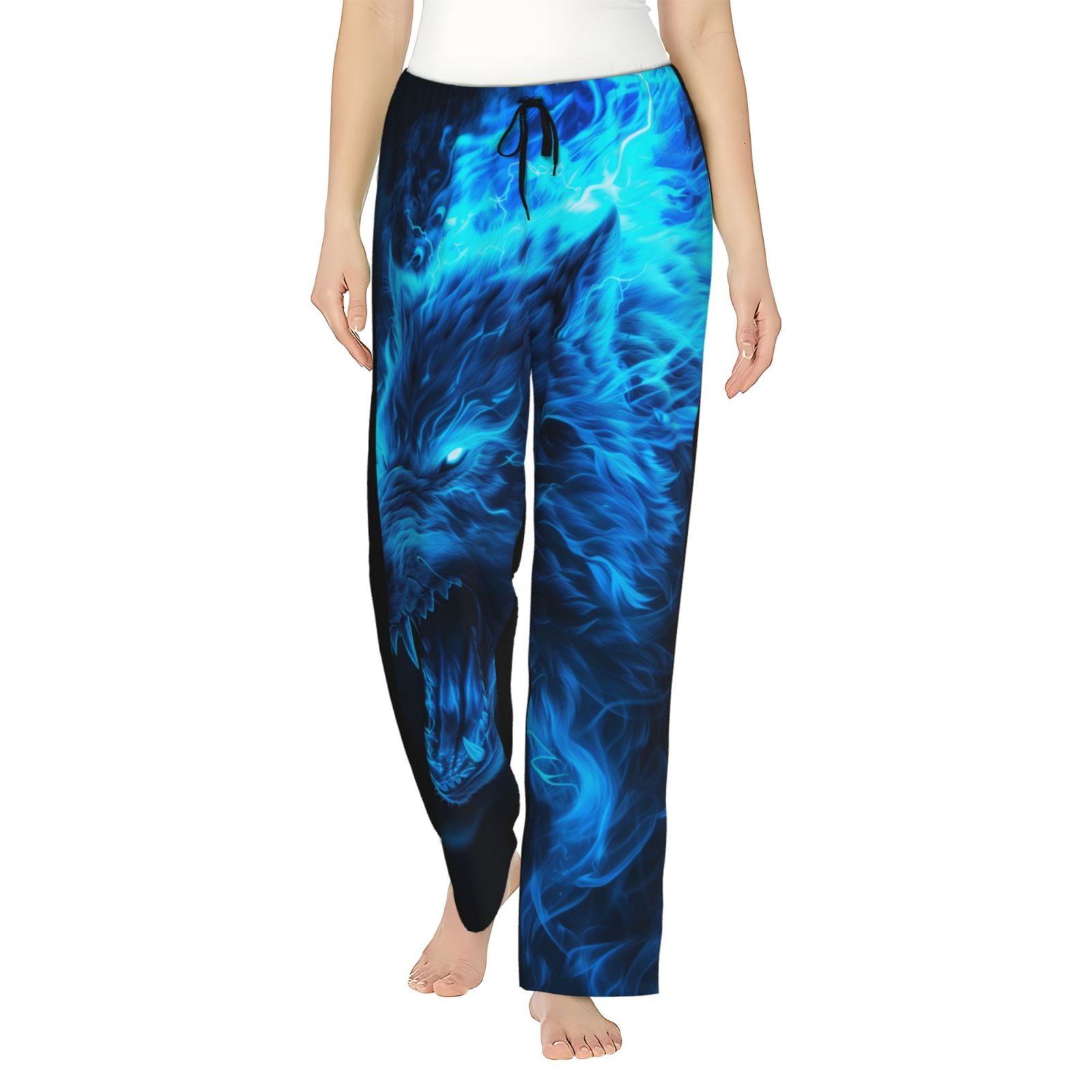 Daiia Ice Blue Fire Wolf Women's Sleep Pant with Pockets and Drawstring ...