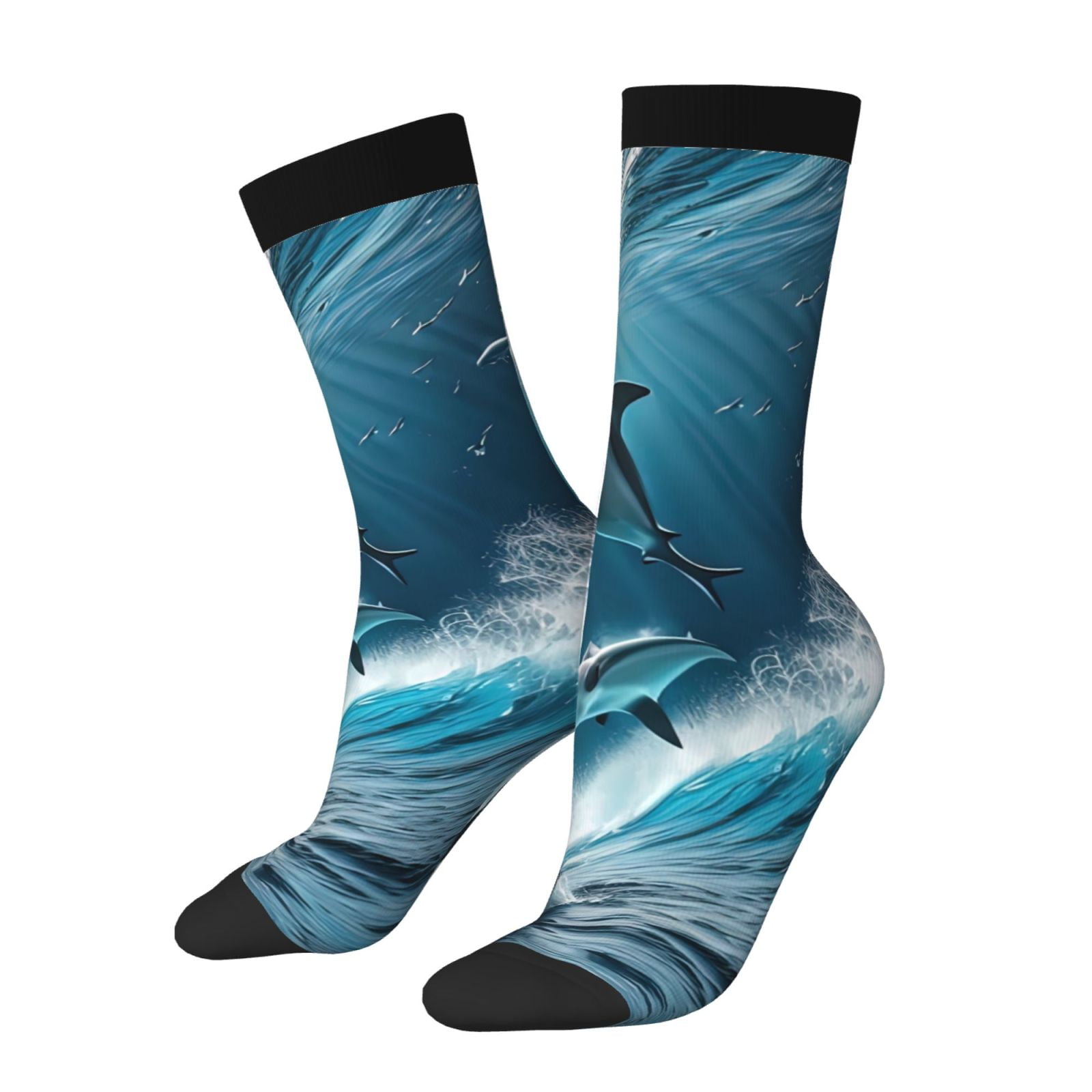 Daiia Ice Blue Ocean Cute Dolphin A Print Crew Socks – Soft Breathable ...