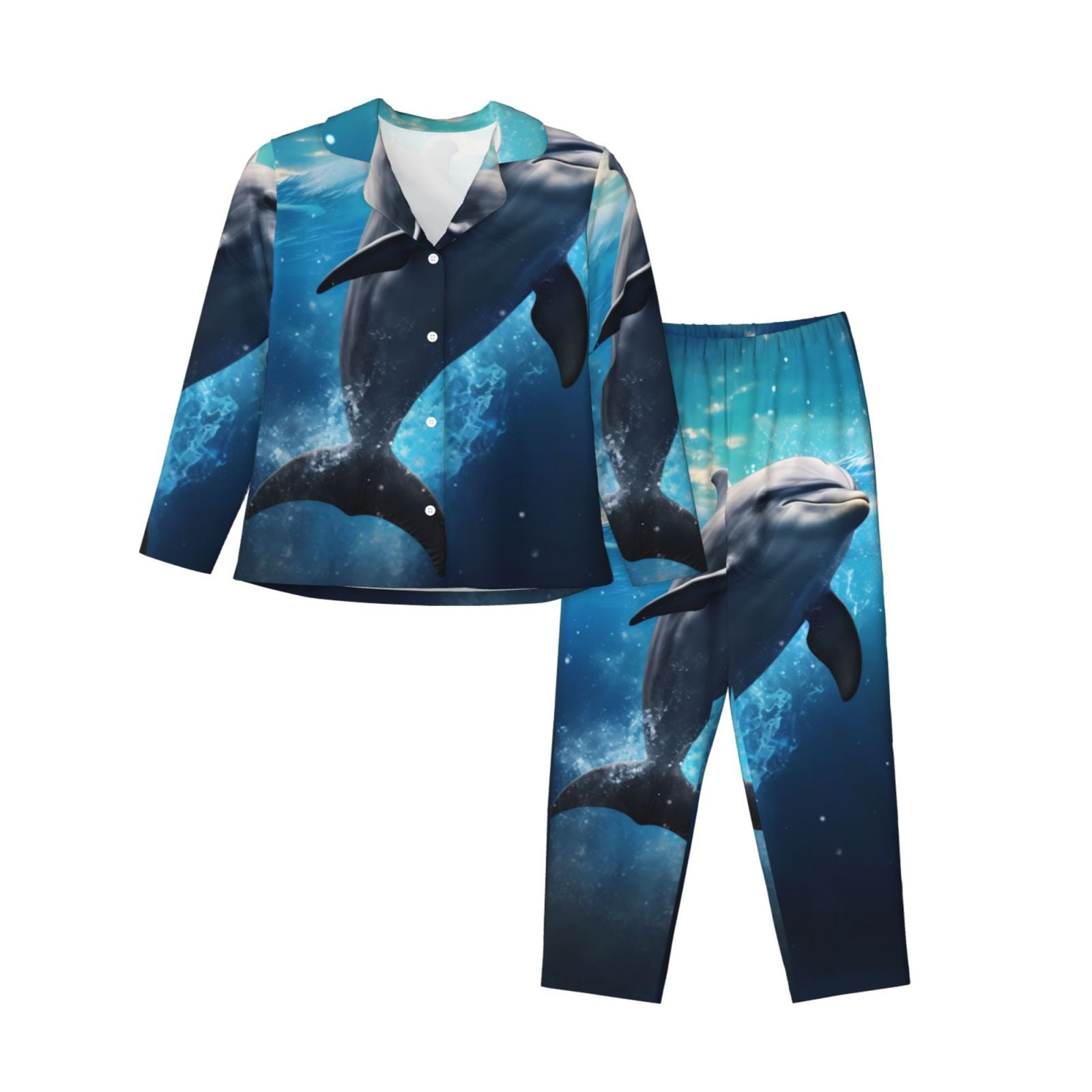 Daiia Ice Blue Ocean Cute Dolphin for Women's Long-Sleeved Pajama Set ...