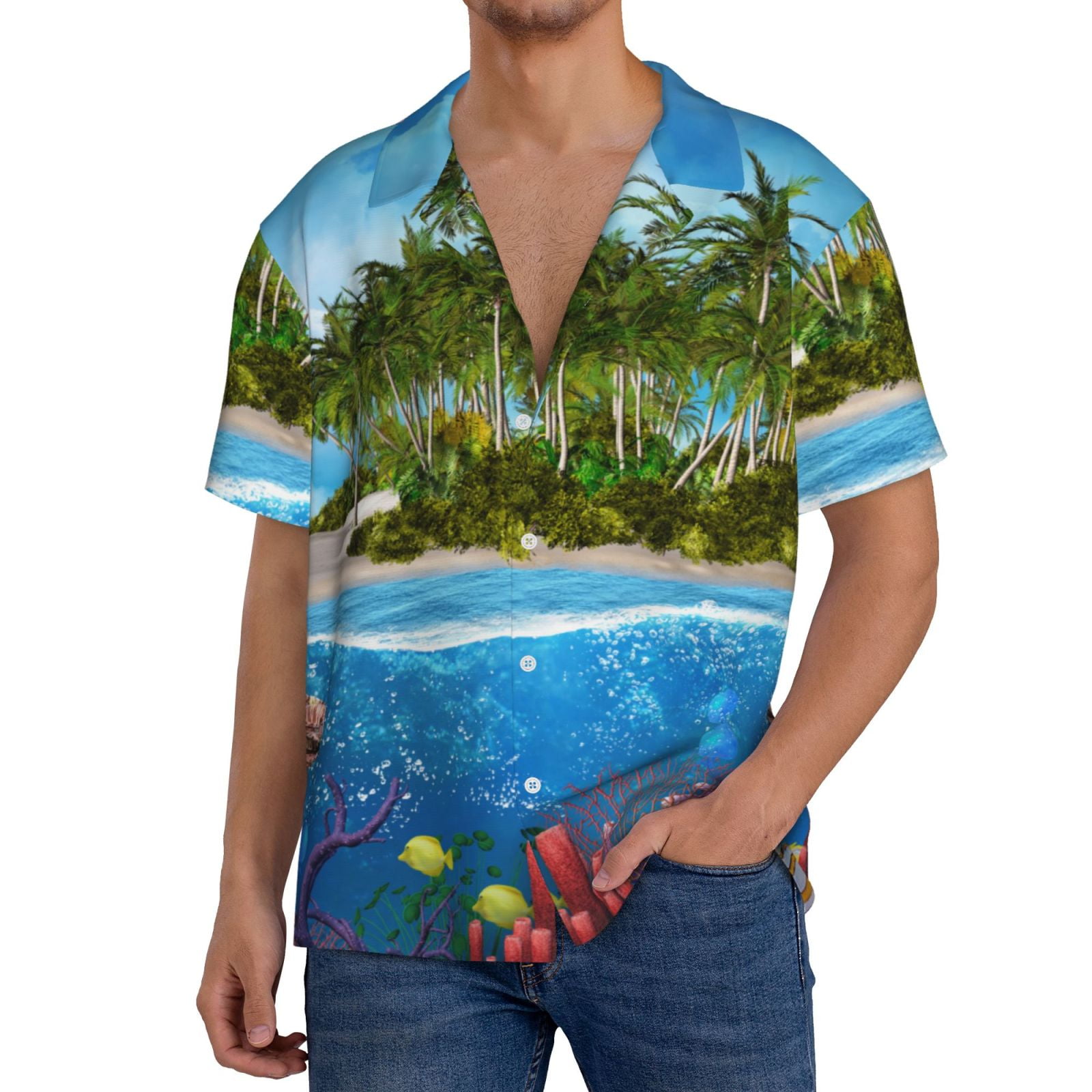 Daiia Island And Coral Reef Men's Linen Shirts Short Sleeve Casual ...