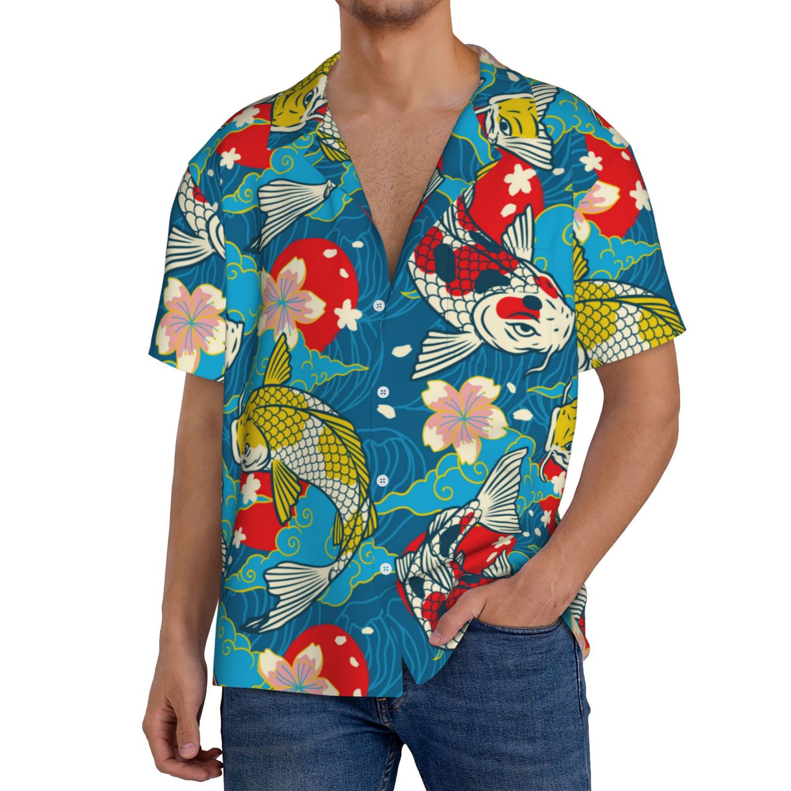 Daiia Japanese Koi Men's Linen Shirts Short Sleeve Casual Shirts Button ...