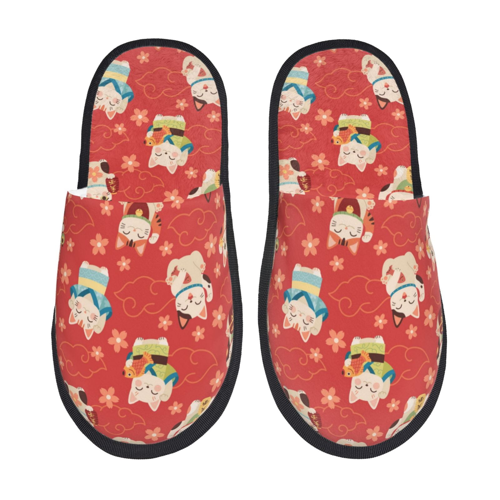 Daiia Japanese Maneki Cats Pattern Furry Slippers for Women and Men ...