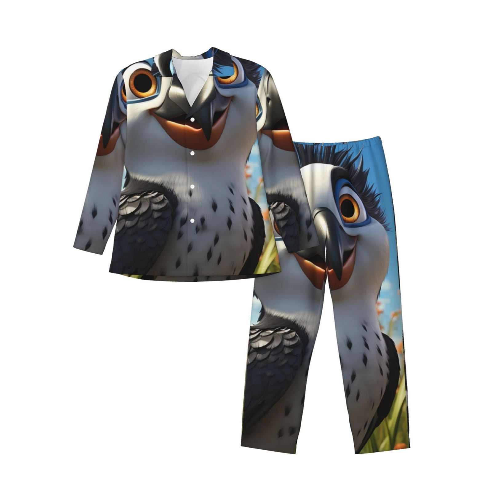 Daiia Joyful Animated Bird for Men's Long-Sleeved Pajama Set – Soft ...