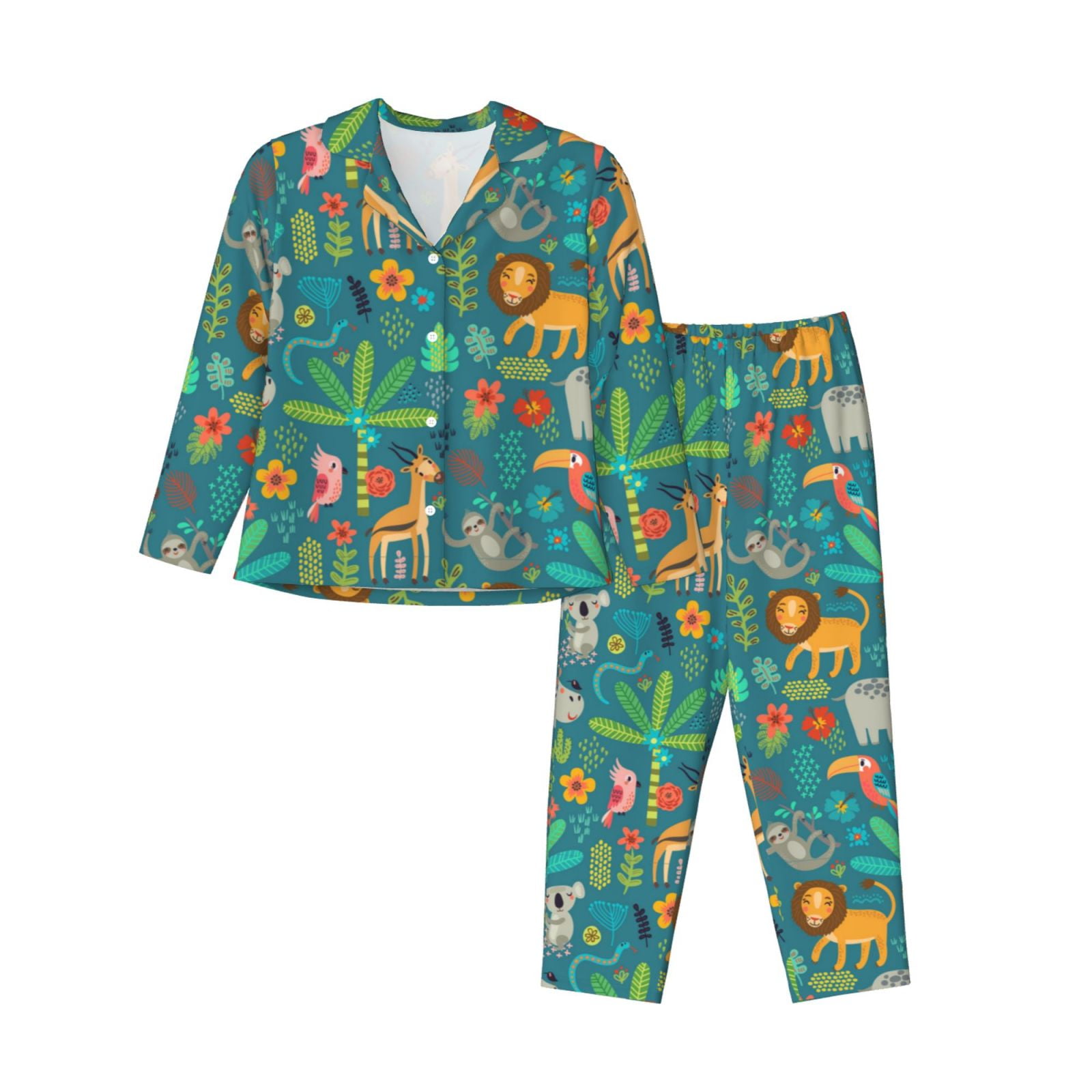Daiia Jungle Animals for Women's Long-Sleeved Pajama Set – Soft ...