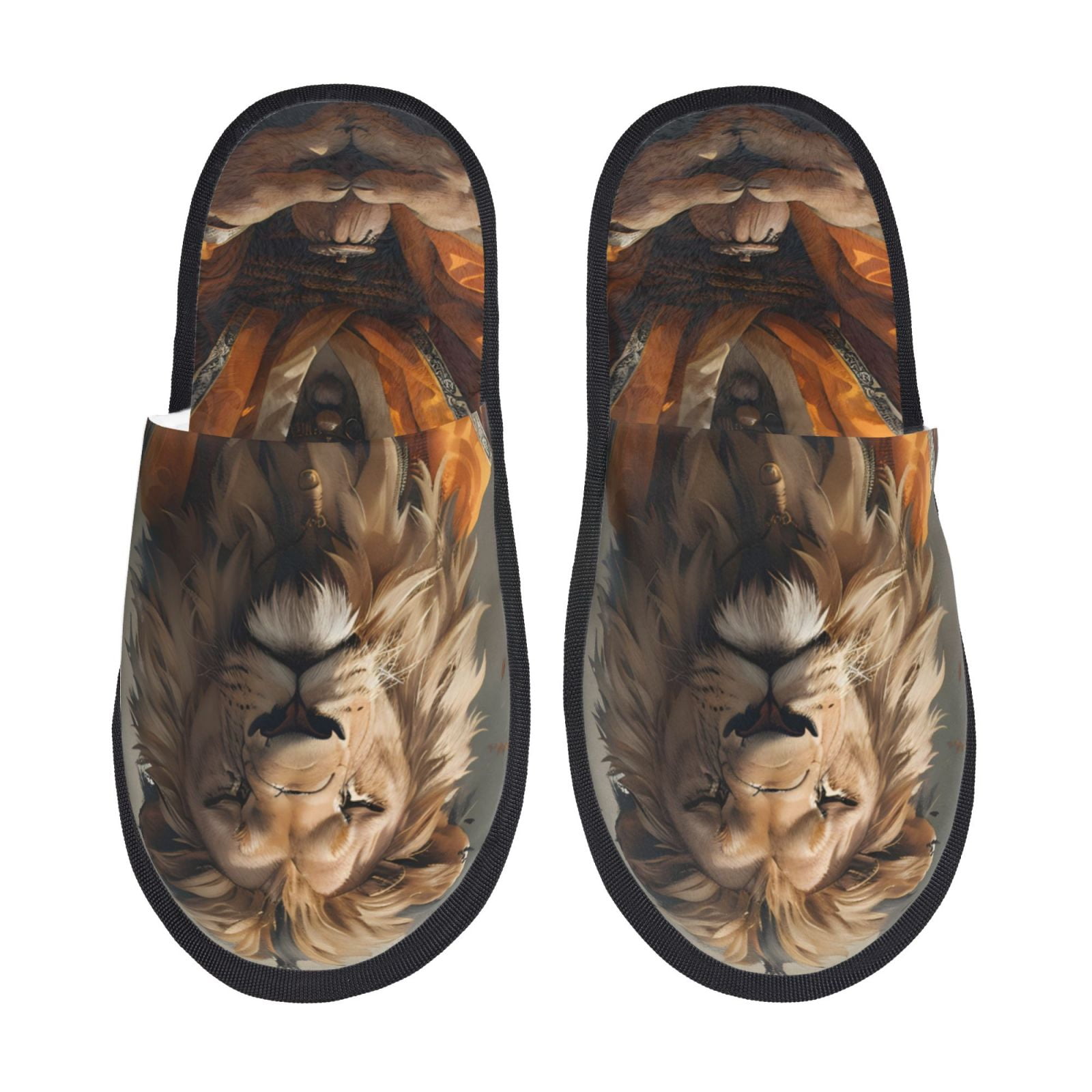 Daiia Jungle Meditating Lion Pattern Furry Slippers for Women and Men ...