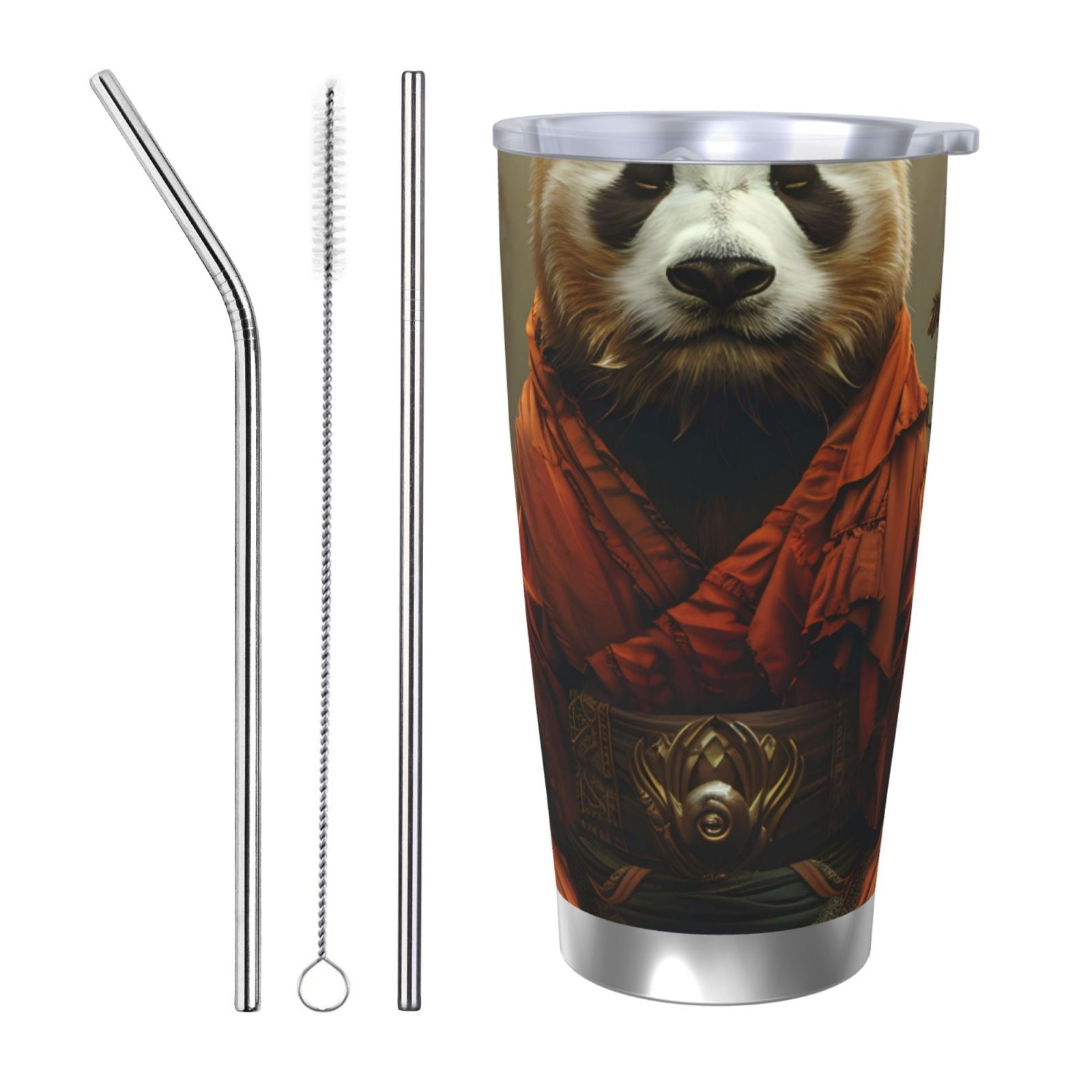 Daiia Jungle Meditating Panda Printed 20oz Insulated Coffee Cup with Straw Topper, Fully Spill ...