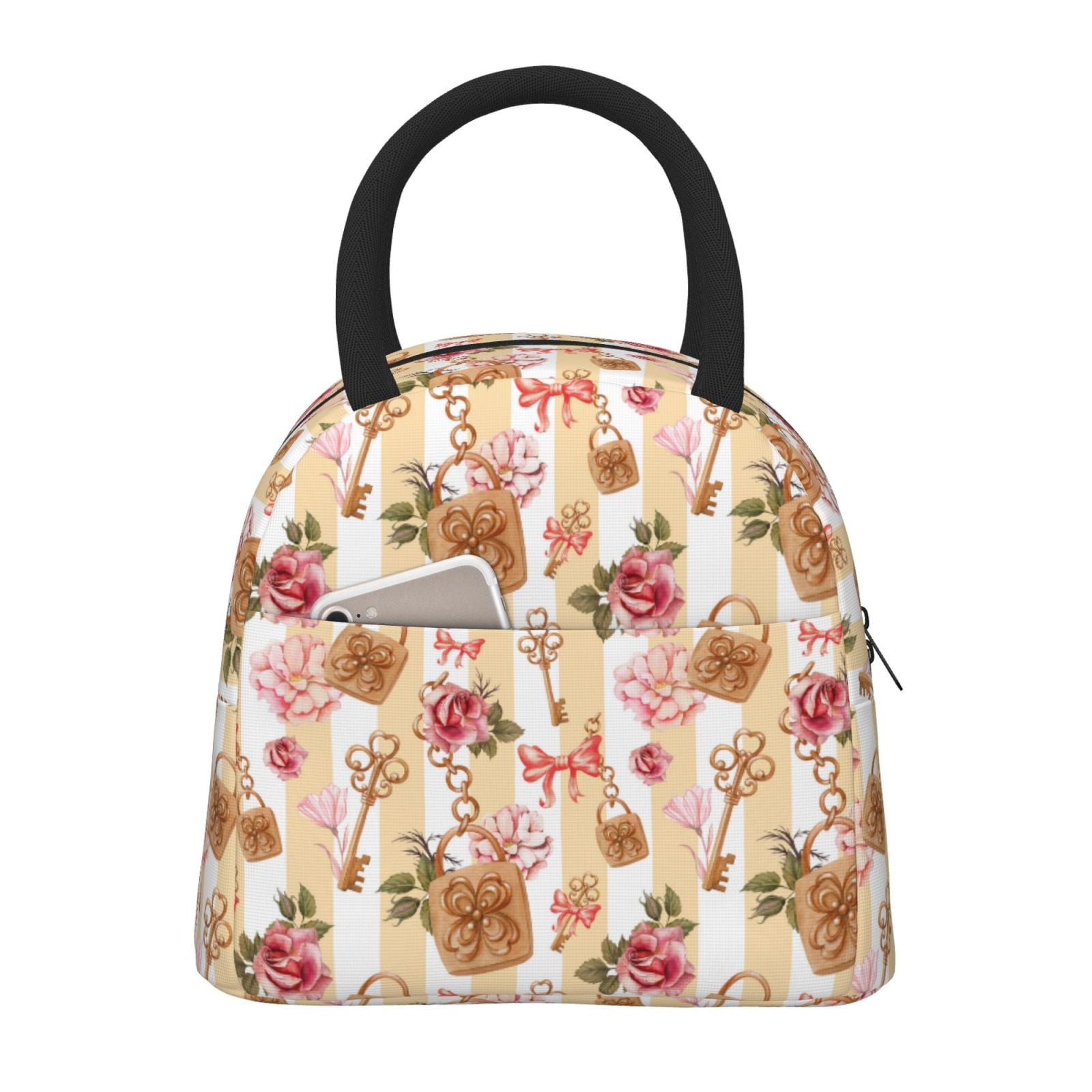 Daiia Key Lock And Flowers Pattern Lunch Bag , Insulated Lunch Box ...