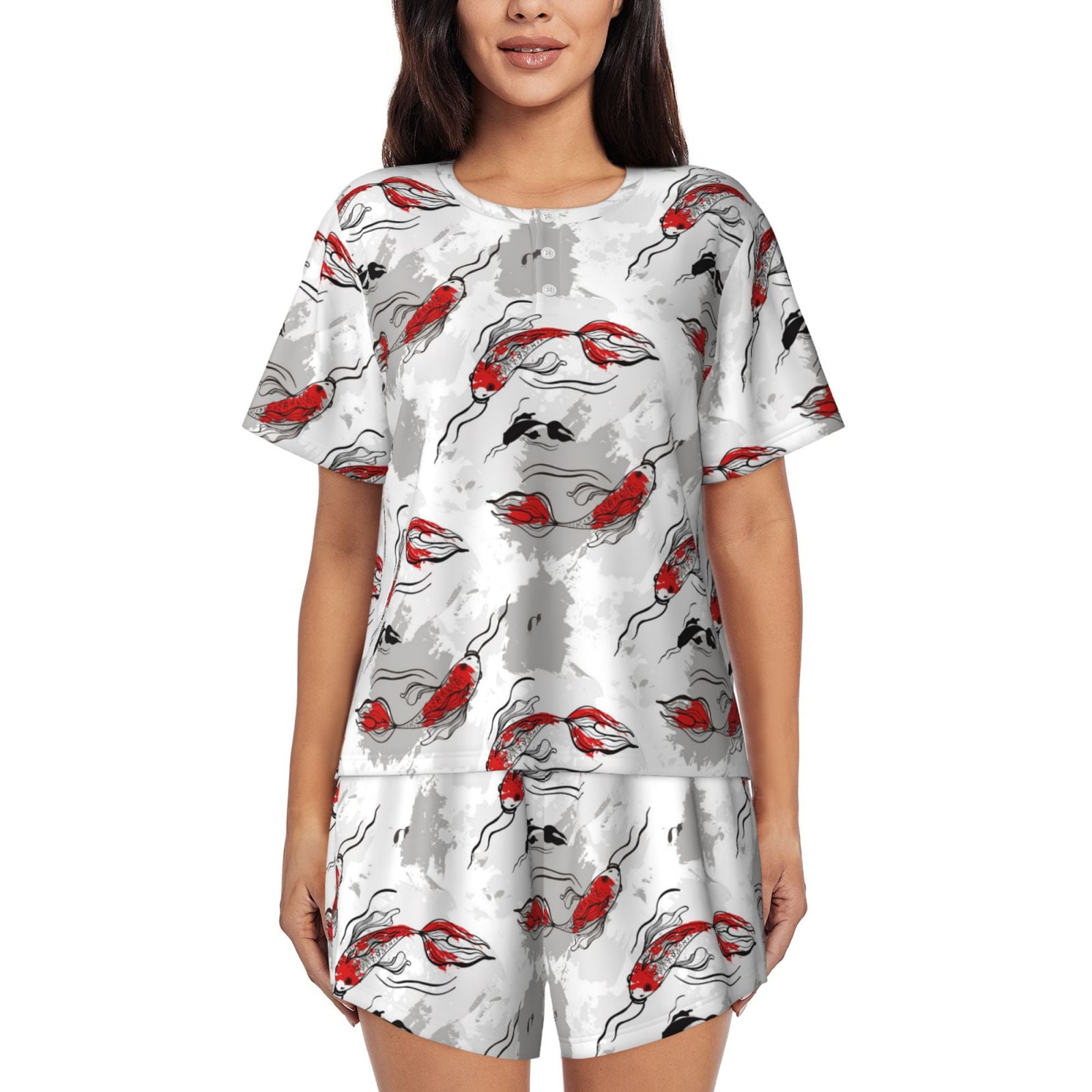 Daiia Koi Fish Pattern Womens Pajama Sets Short Sleeve Pajamas for ...