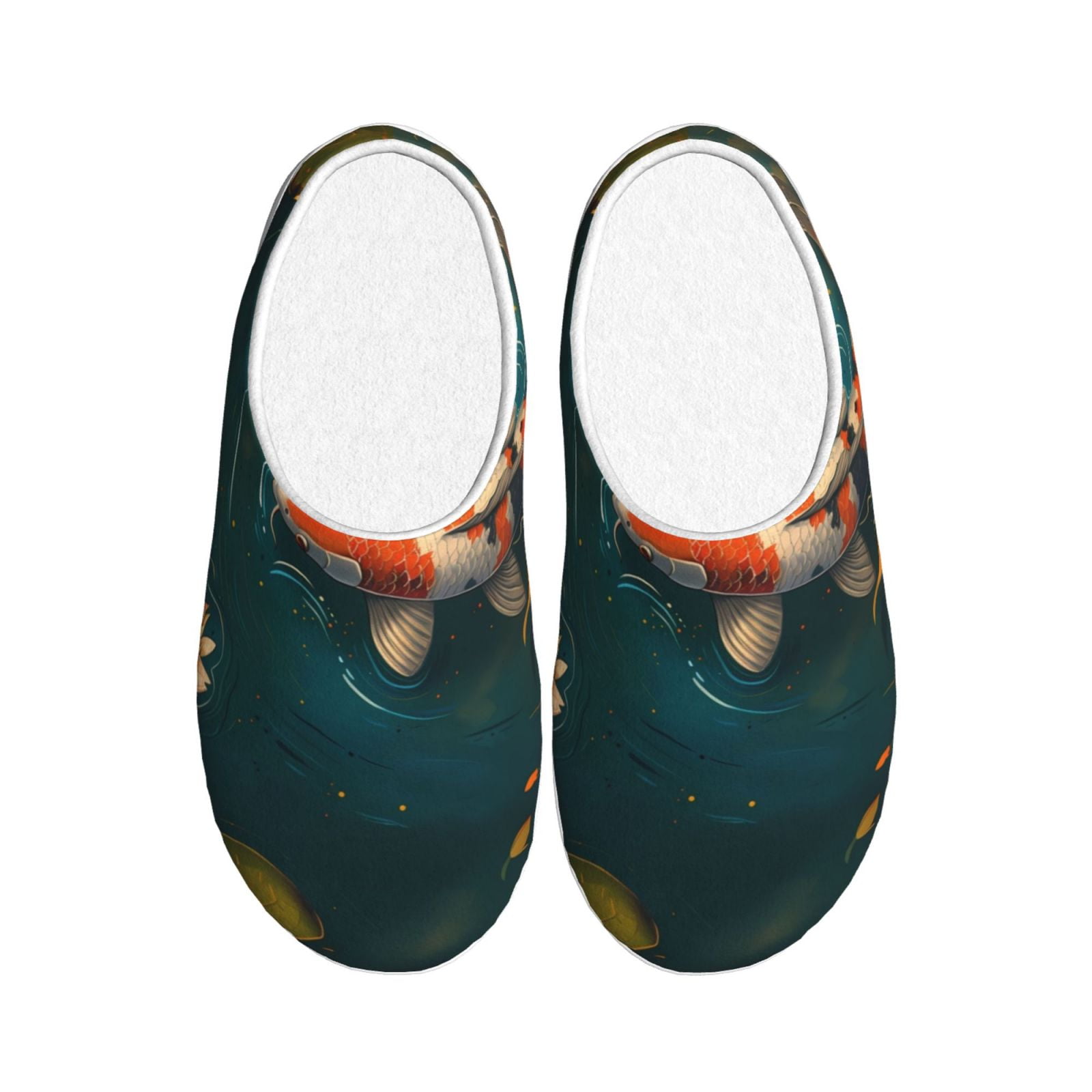 Daiia Koi Pond Lilies Print Women’s Fuzzy Slippers Memory Foam ...