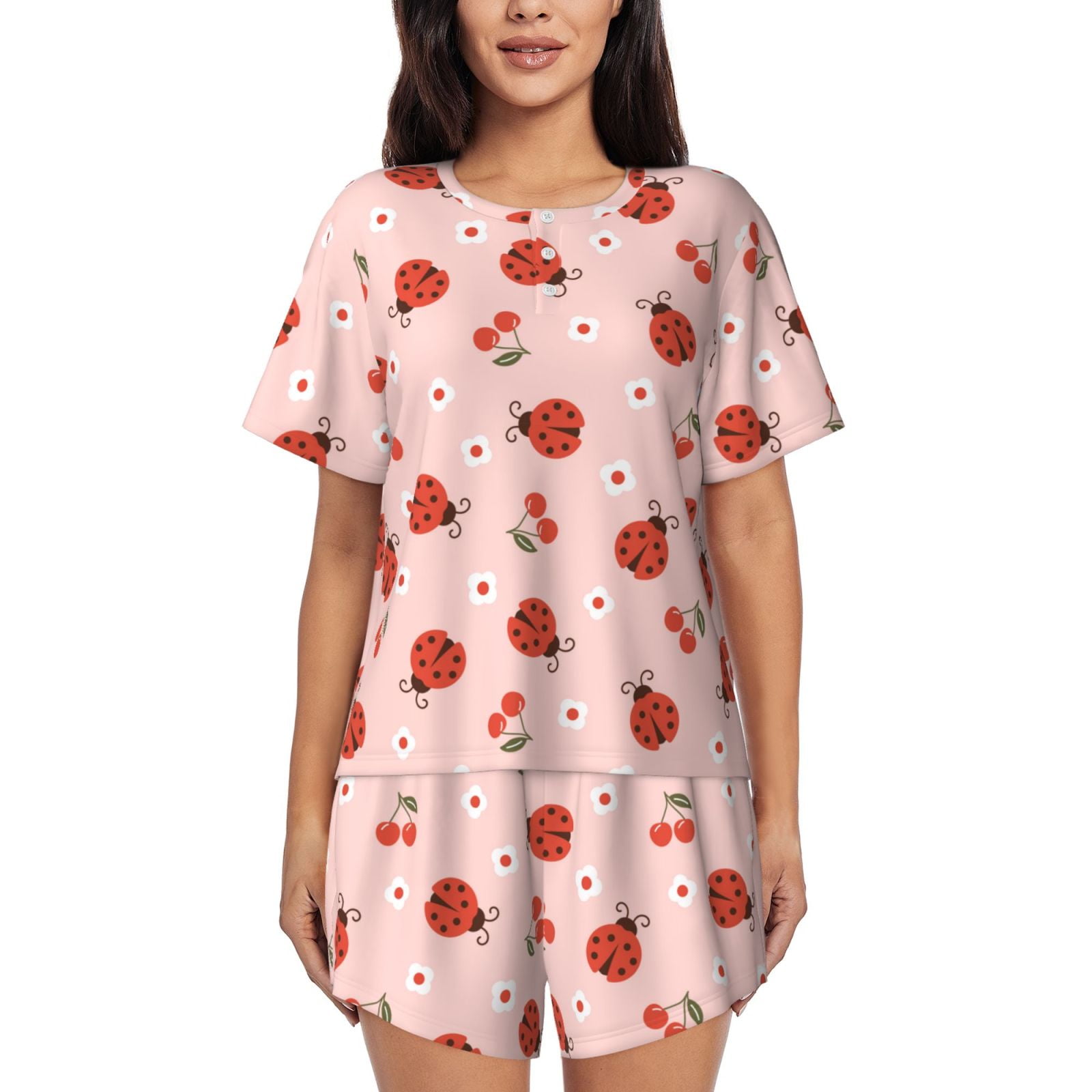 Daiia Ladybug With Flower Pattern Womens Pajama Sets Short Sleeve ...