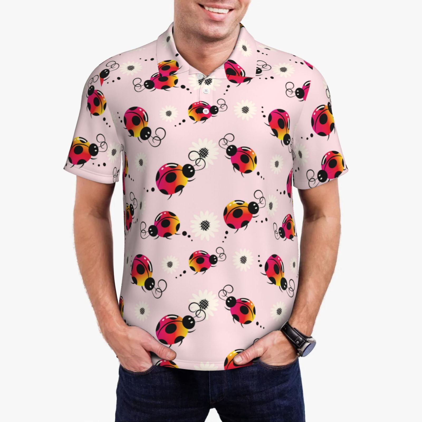 Daiia Ladybugs And Flower Pattern Men’s Polo Shirts,Solid Deck Shirt ...
