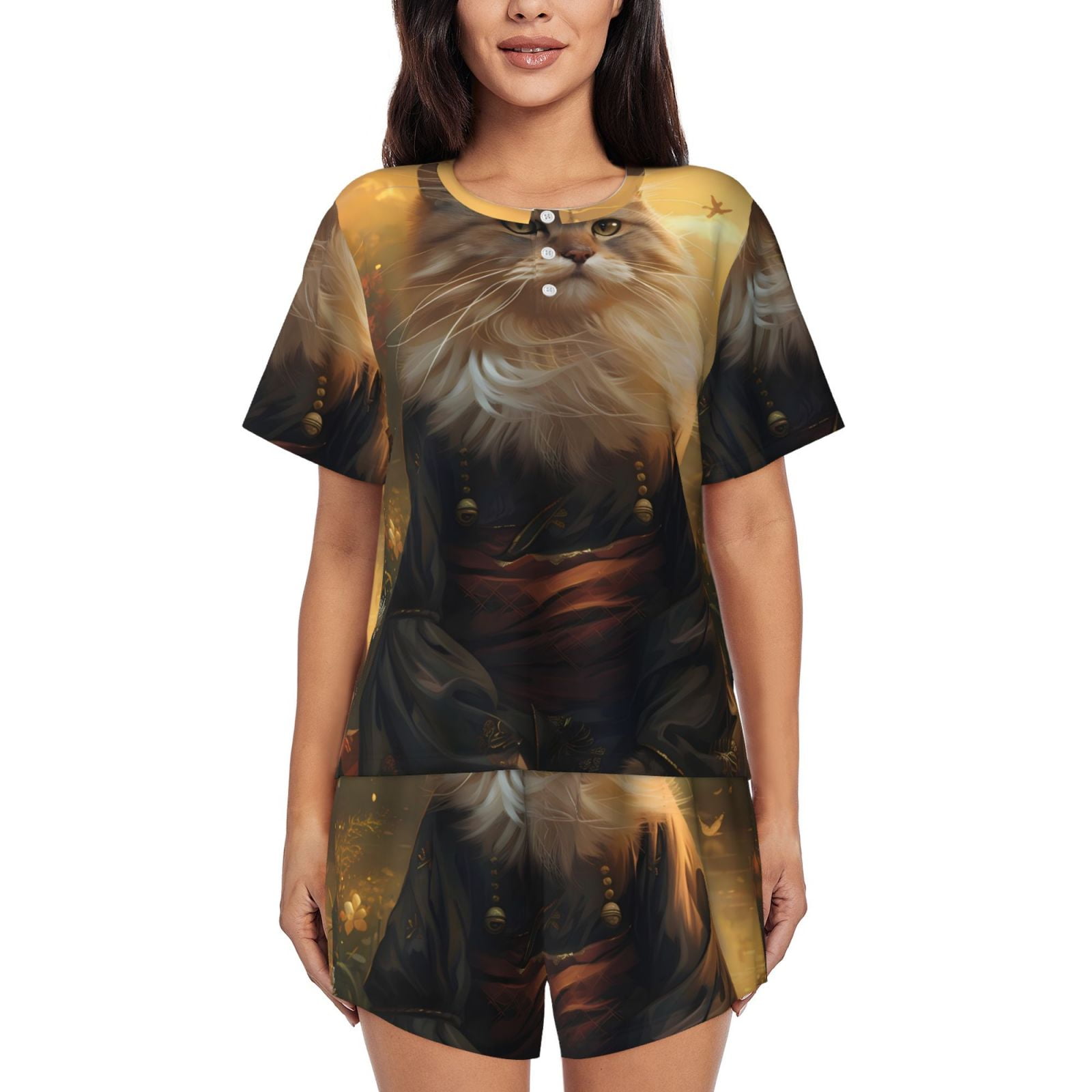 Daiia Lakeside Flower Field Cat Pattern Womens Pajama Sets Short Sleeve ...