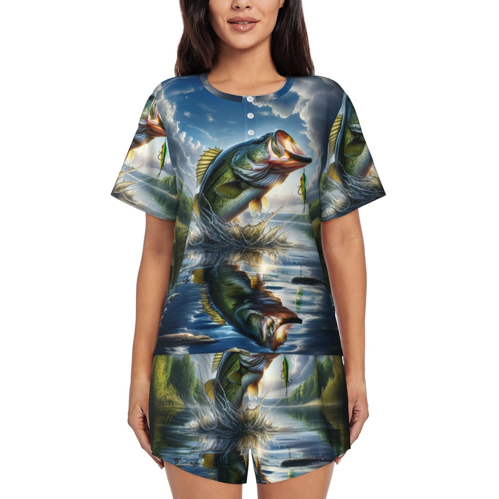 Daiia Largemouth Bass Jumping Out of The Water Pattern Womens Pajama Sets Short Sleeve Pajamas ...