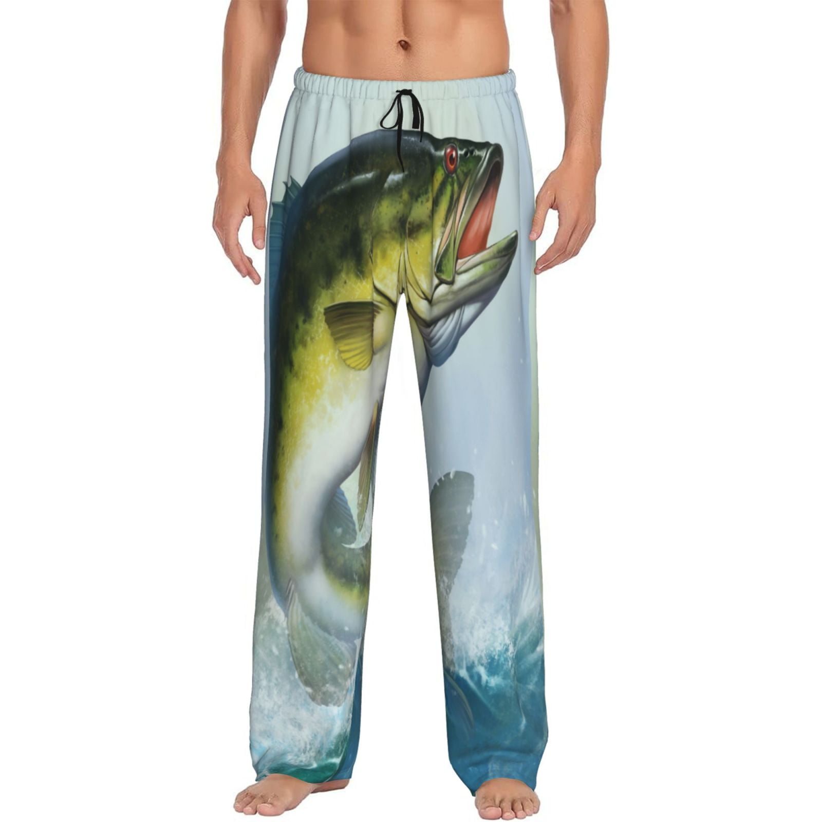 Daiia Largemouth Bass jumps out of water Pattern Men's Sleep Pant with Pockets and Drawstring ...