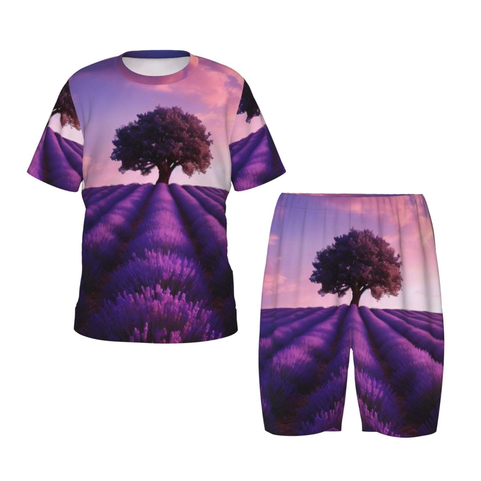Daiia Lavender Field Sunset Print Children’s Cotton Pajama Set – Short-Sleeved Top & Shorts ...