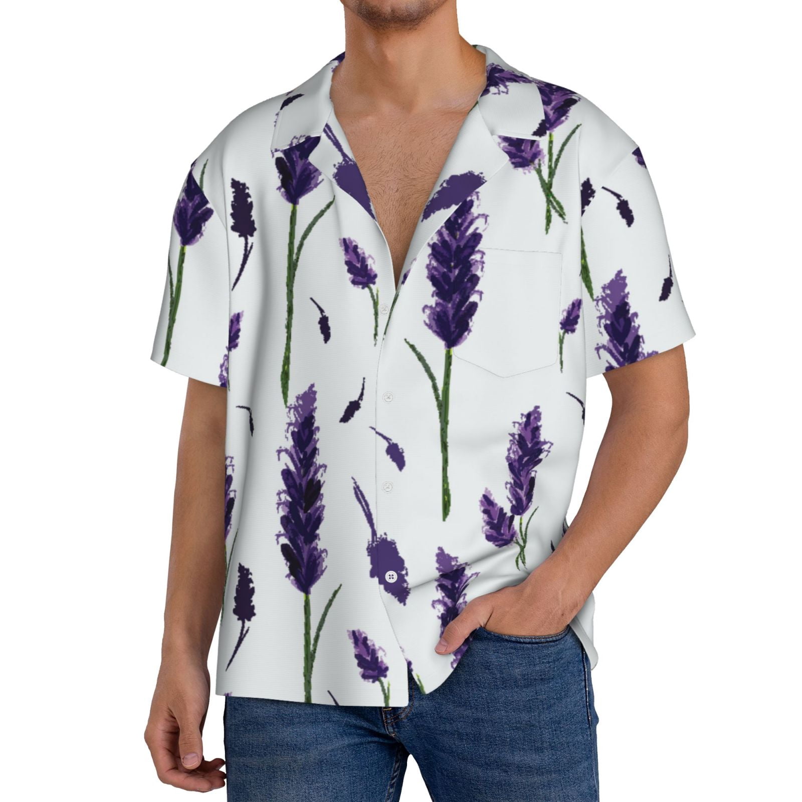 Daiia Lavender Flowers Men's Linen Shirts Short Sleeve Casual Shirts ...