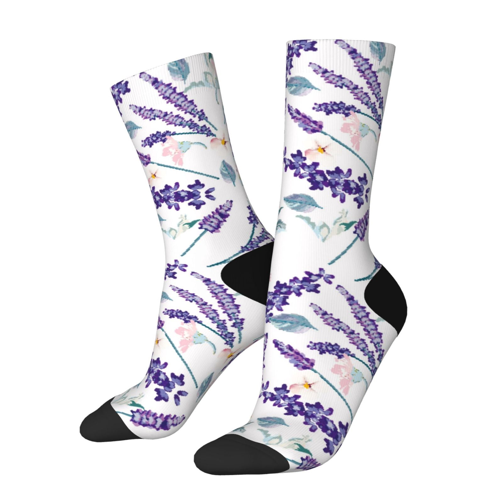 Daiia Lavender Flowers Print Crew Socks – Soft Breathable Long Socks ...