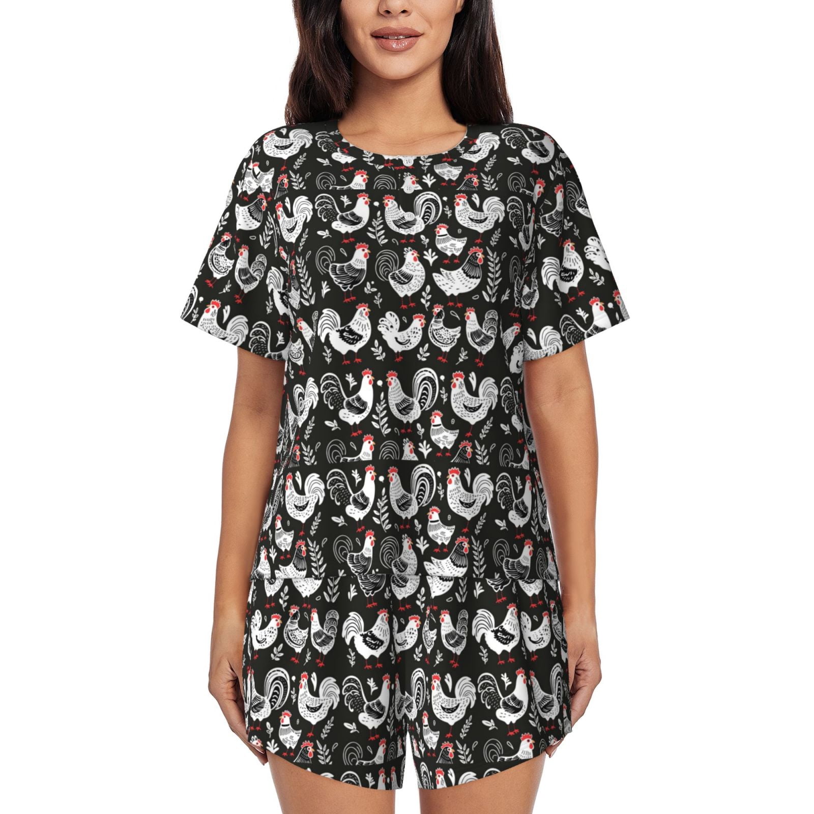 Daiia Laying Hens And Roosters Pattern Womens Pajama Sets Short Sleeve ...