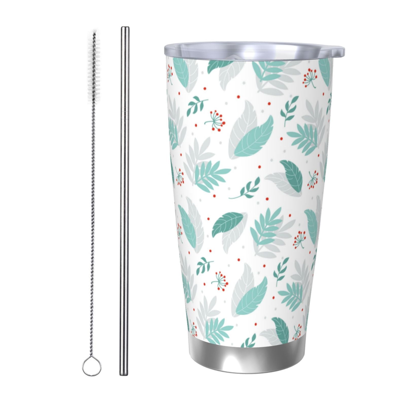 Daiia Leaf Print Green Printed 20oz Insulated Coffee Cup with Straw ...