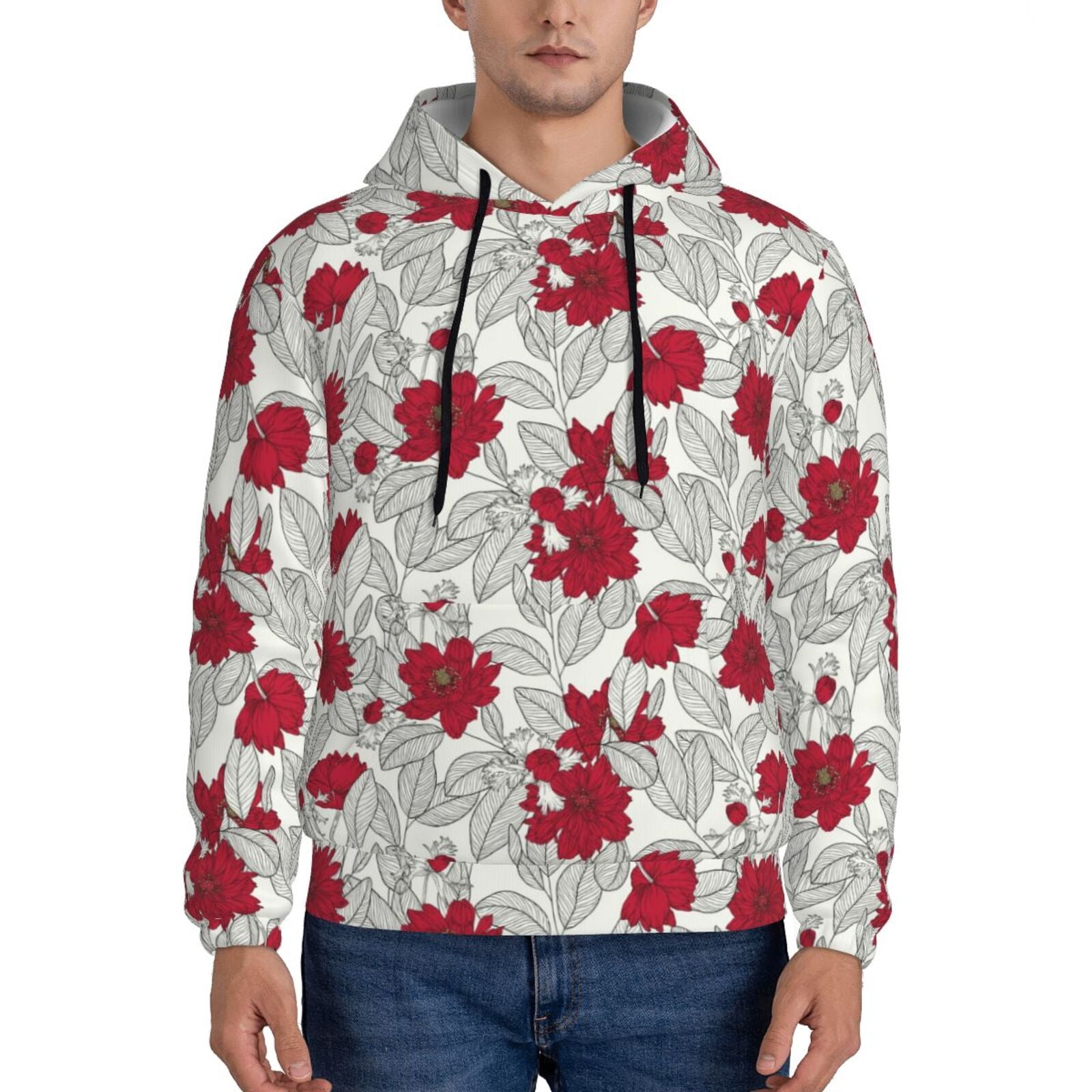 Daiia Leaves And Anemone Flowers In Red Grey for Men's Fashion Hoodies ...