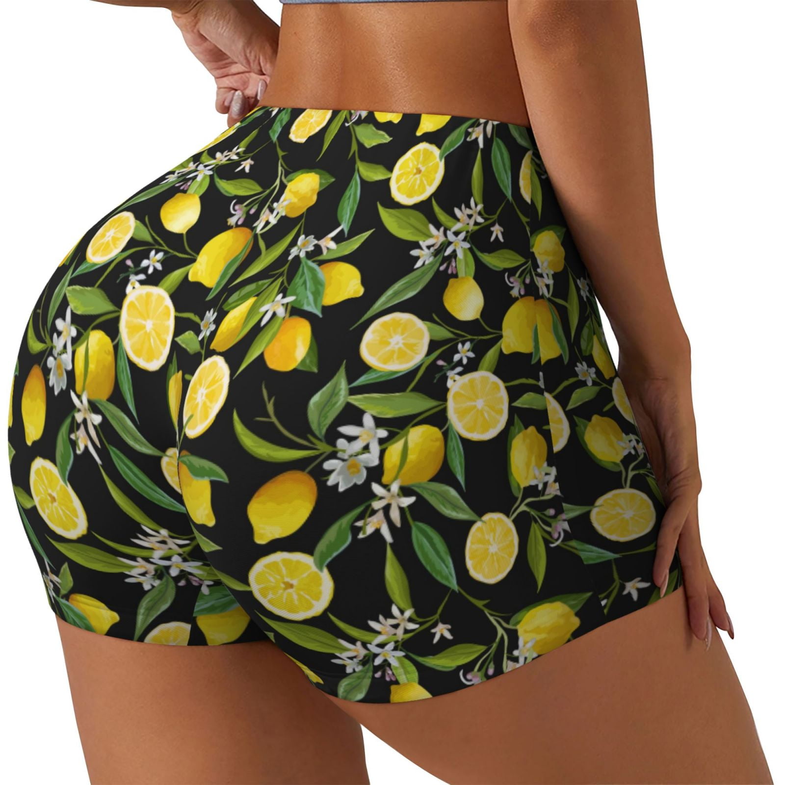 Daiia Lemon Fruits Flowers Leaves Pattern Women's Workout Shorts Biker ...