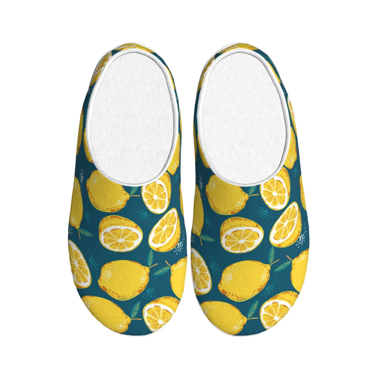 Daiia Lemon Print Women’s Fuzzy Slippers Memory Foam Lightweight House ...