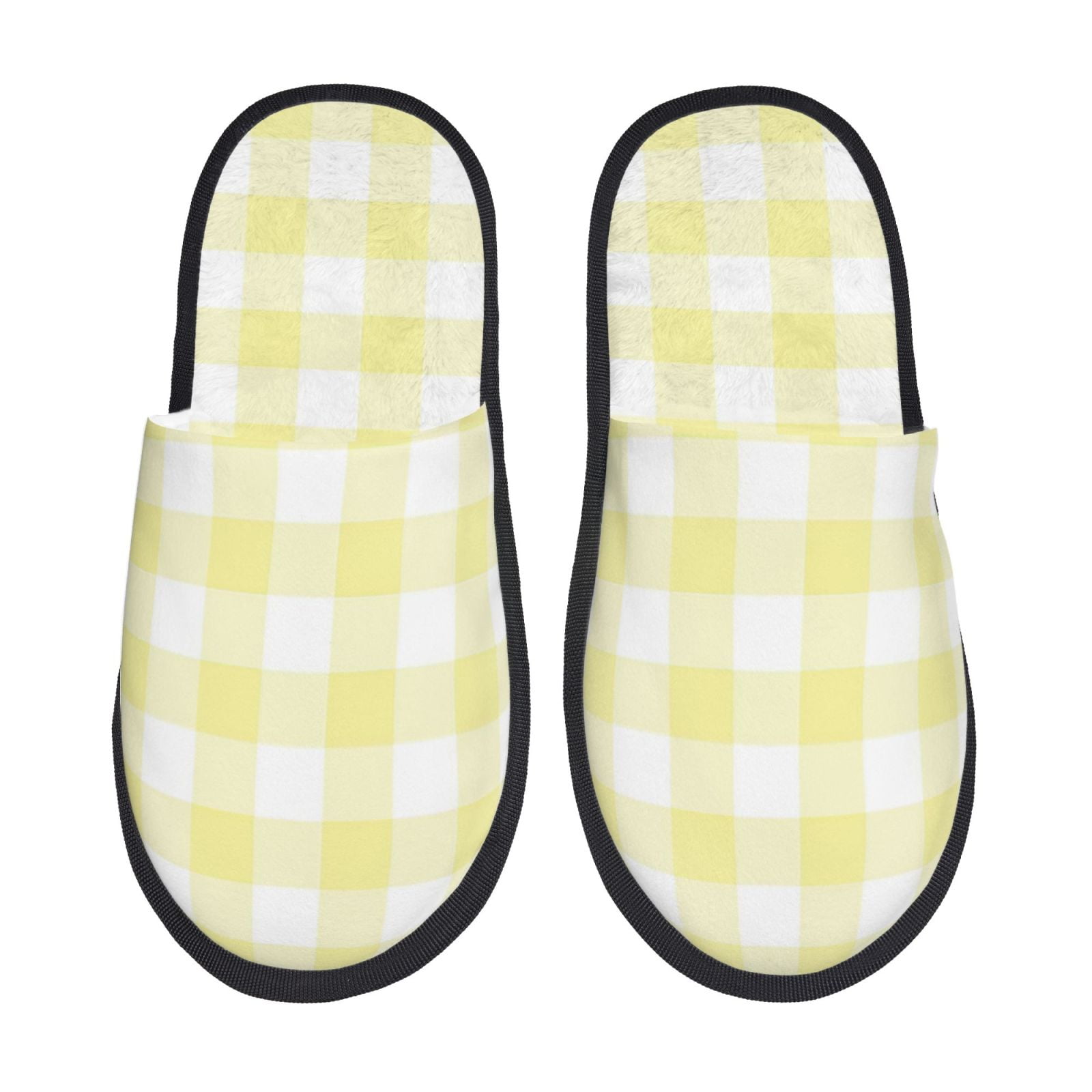 Daiia Lemon Yellow Checkboard Pattern Furry Slippers for Women and Men ...