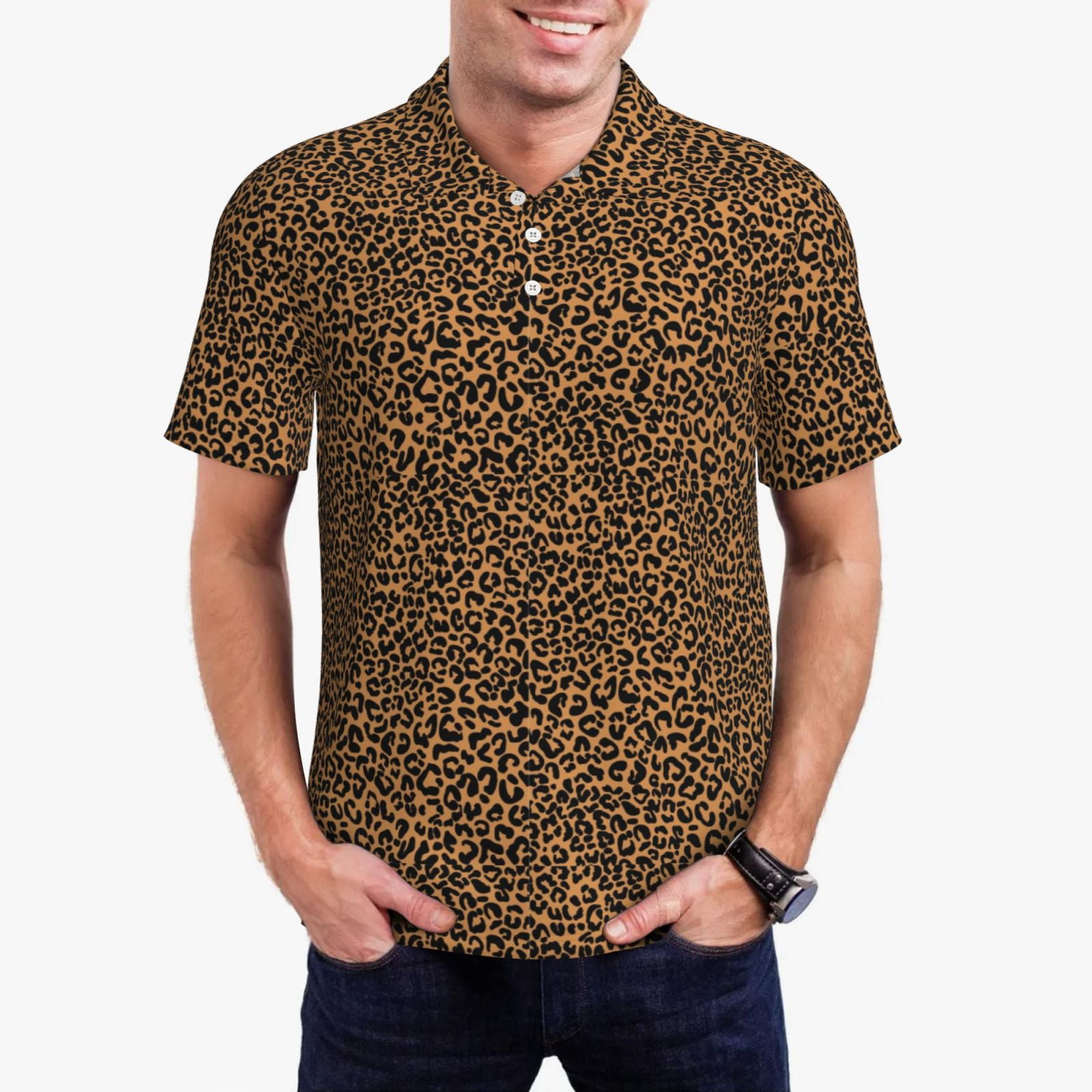 Daiia Leopard Pattern Men’s Polo Shirts,Solid Deck Shirt,Classic Fit ...