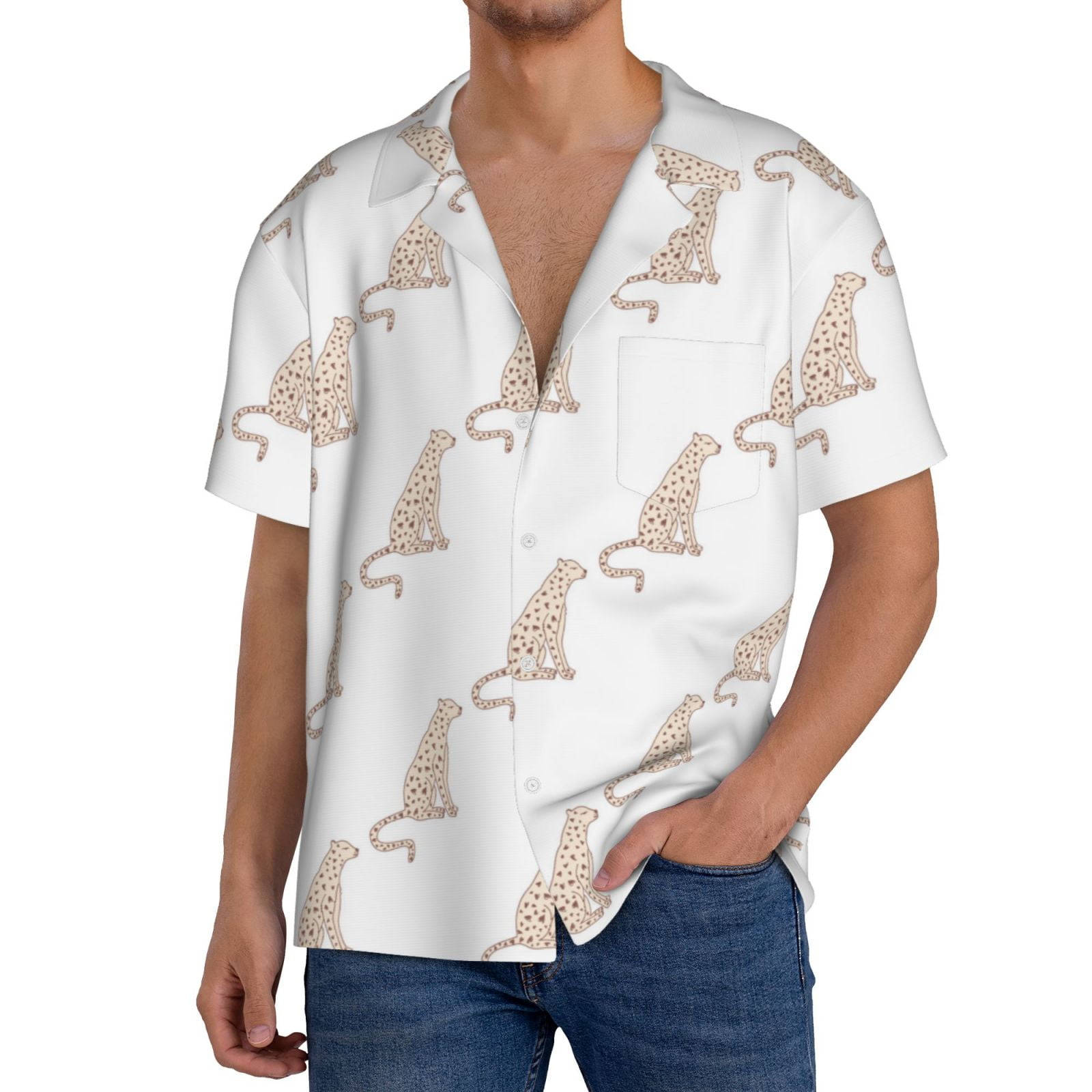 Daiia Leopard Print Men's Linen Shirts Short Sleeve Casual Shirts ...