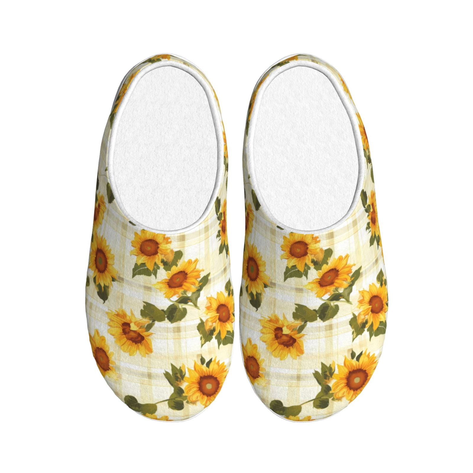 Daiia Light Green Plaid Sunflower Print Women’s Fuzzy Slippers Memory ...