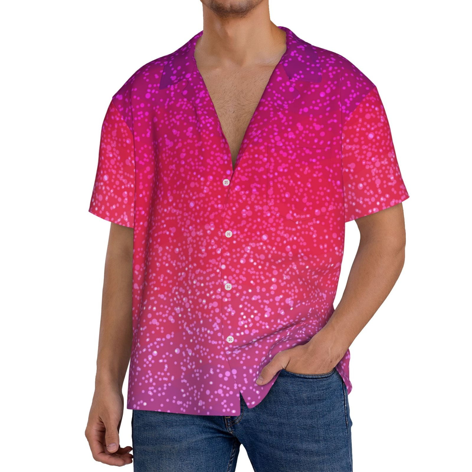 Daiia Light Purple Glitter Men's Linen Shirts Short Sleeve Casual ...