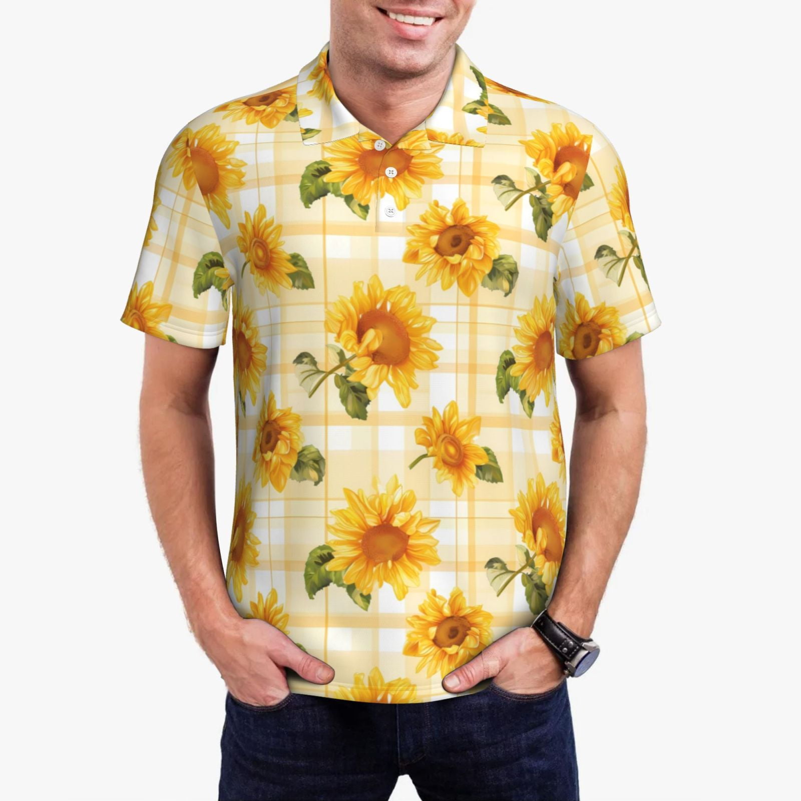 Daiia Light Yellow Plaid Sunflower Pattern Men’s Polo Shirts,Solid Deck ...