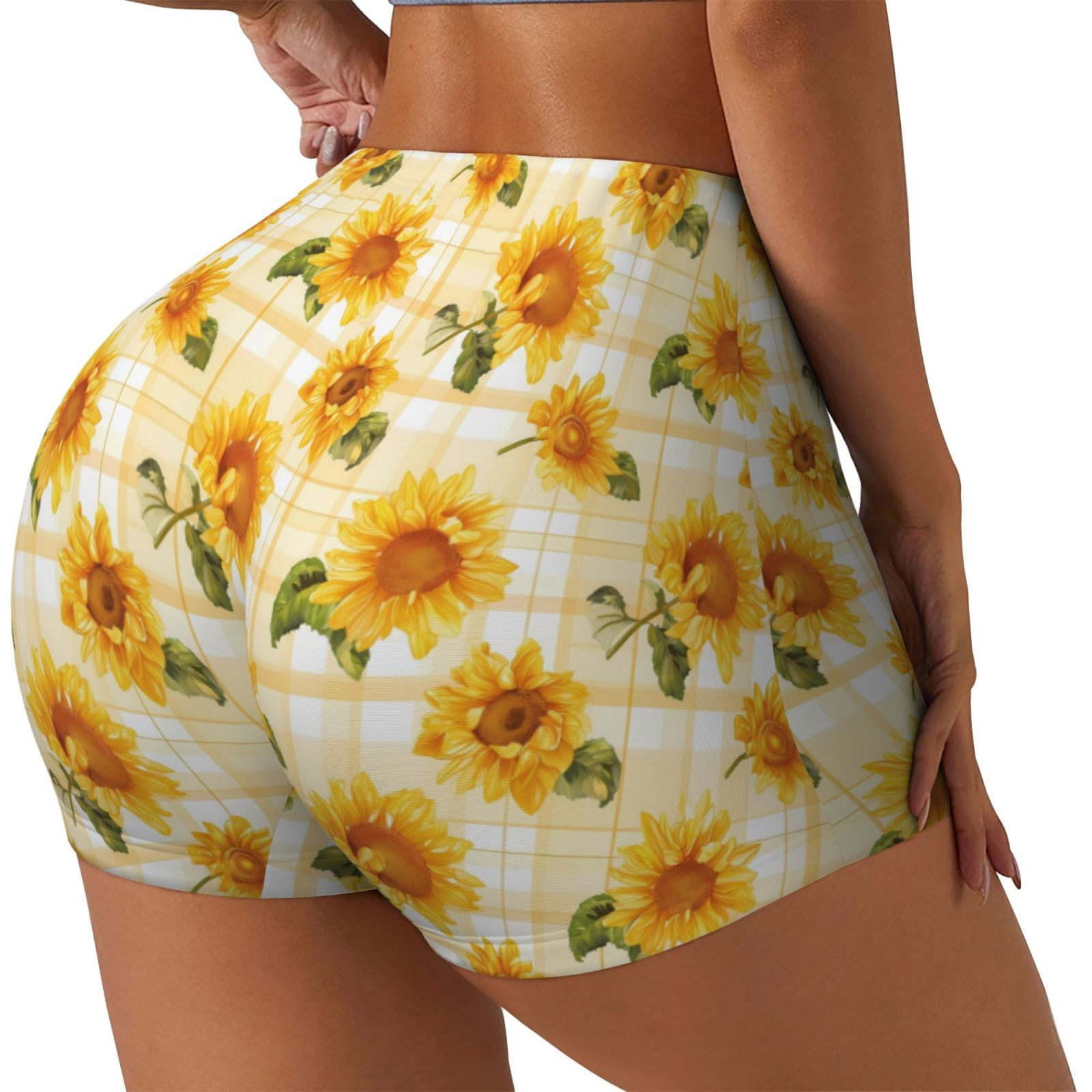 Daiia Light Yellow Plaid Sunflower Pattern Women's Workout Shorts Biker ...