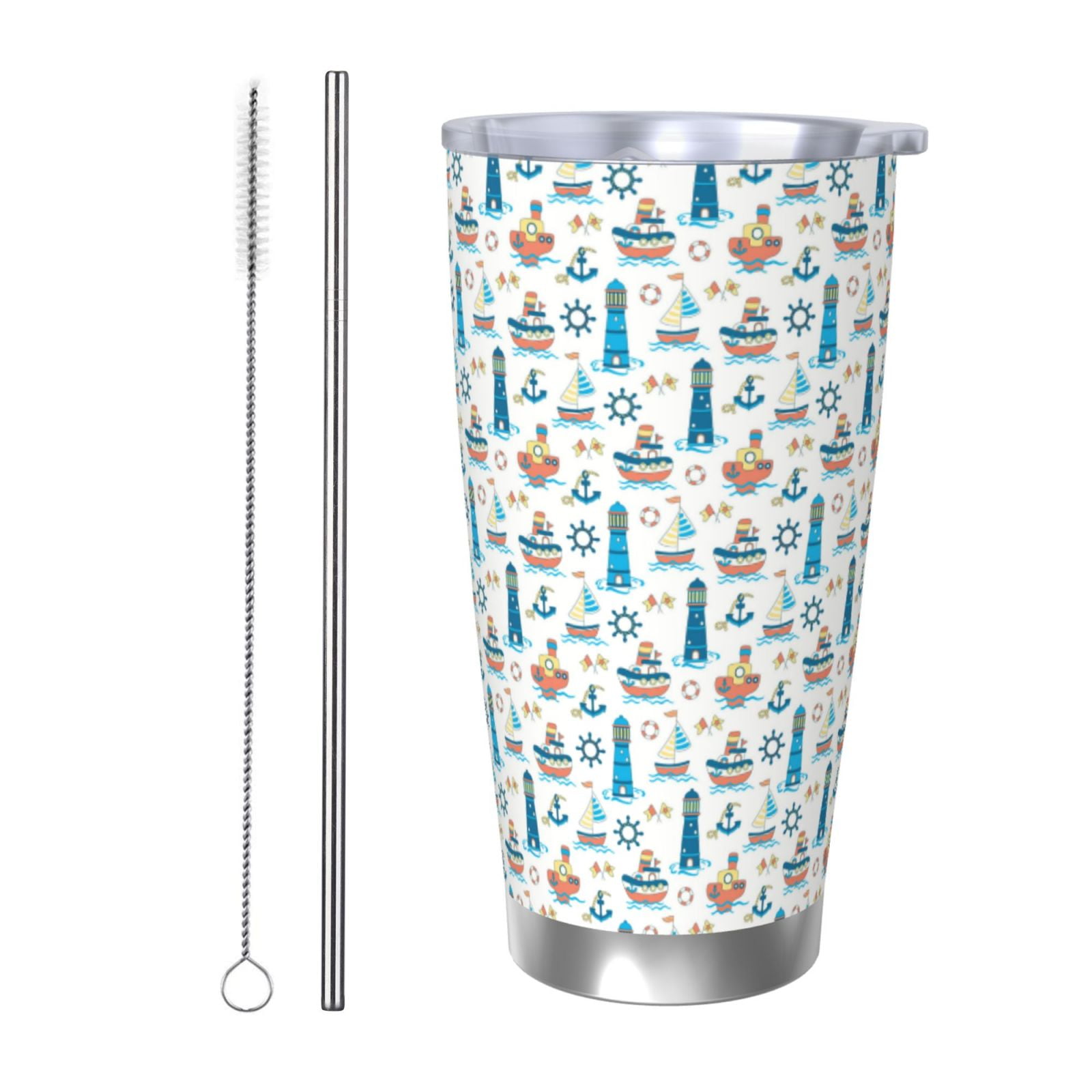 Daiia Lighthouse And Sea Printed 20oz Insulated Coffee Cup with Straw ...