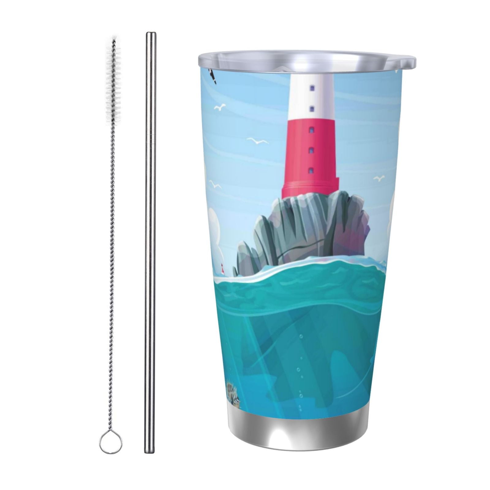 Daiia Lighthouse Sea Port Printed 20oz Insulated Coffee Cup with Straw ...