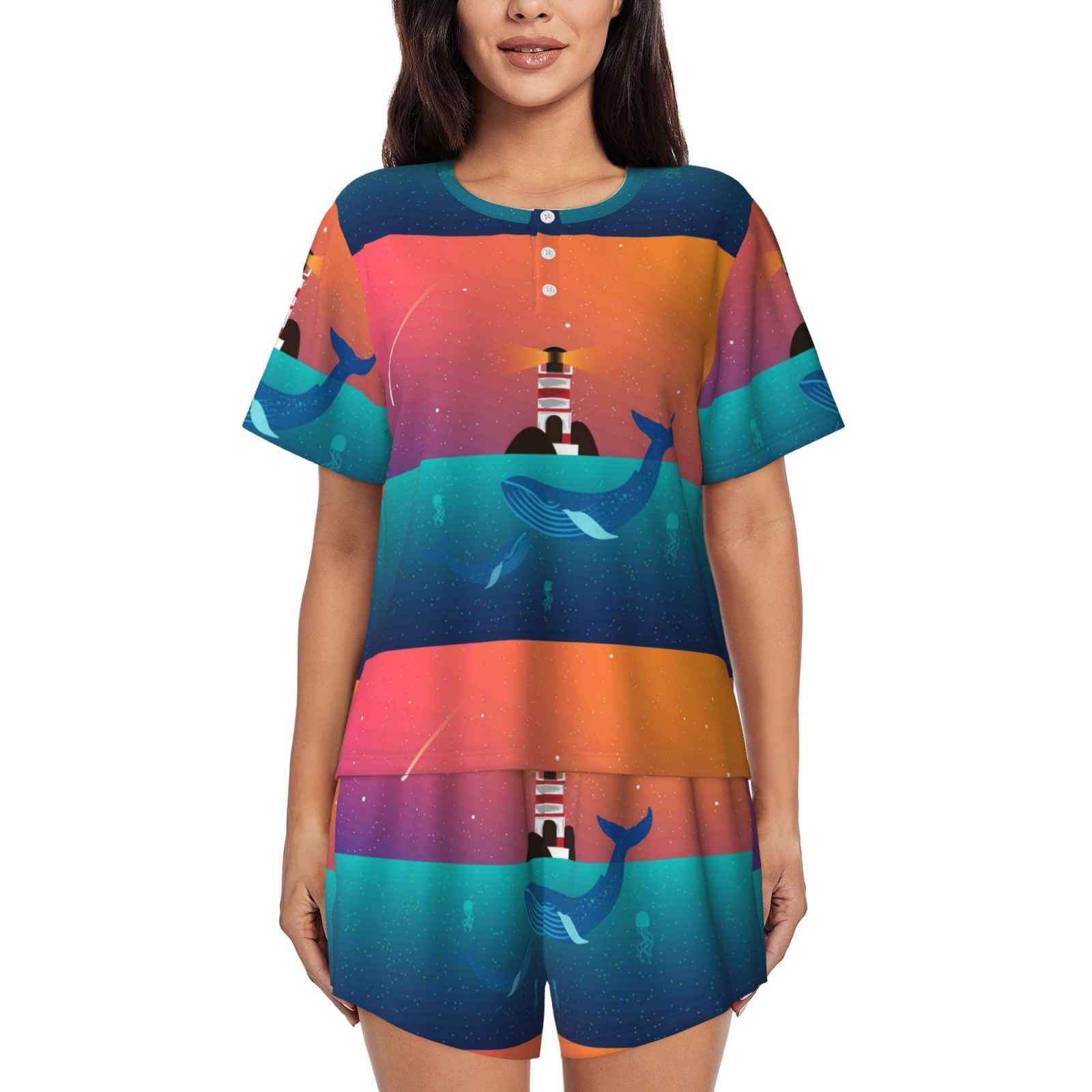 Daiia Lighthouse and Whale Pattern Womens Pajama Sets Short Sleeve ...