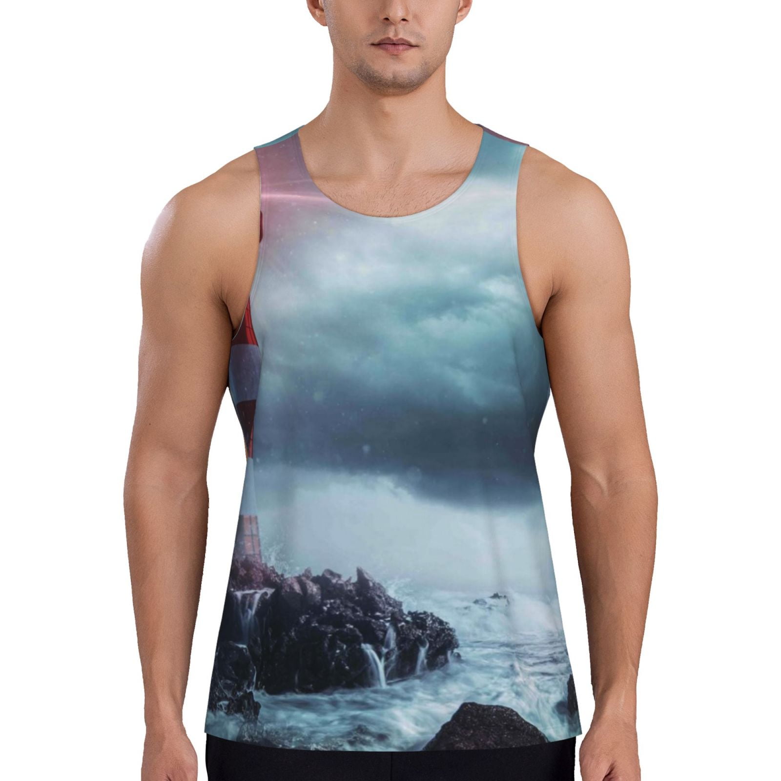 Daiia Lighthouse in a Stormy Sea Printed Men's Quick Dry Fit Muscle ...