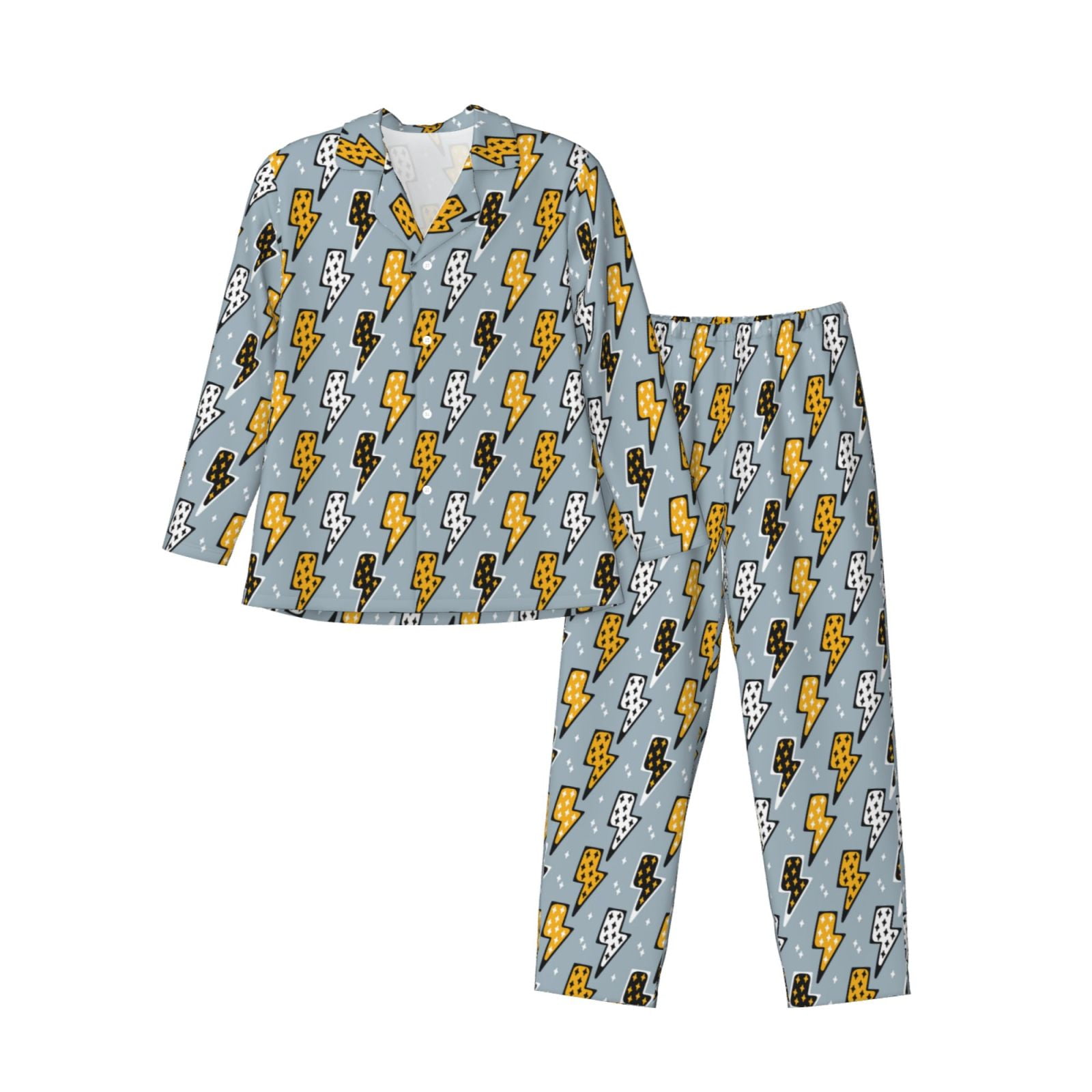 Daiia Lightning Bolts for Men's Long-Sleeved Pajama Set – Soft & Comfortable Sleepwear Button-Up ...