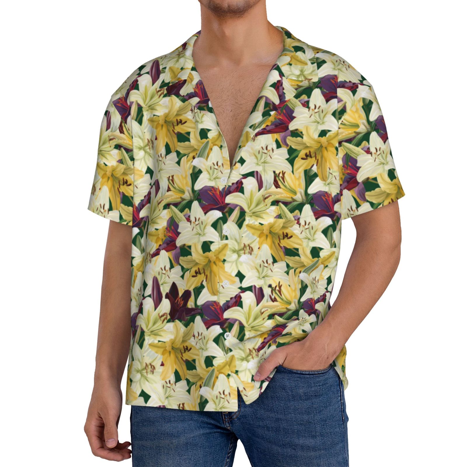 Daiia Lilies Flowers Men's Linen Shirts Short Sleeve Casual Shirts ...